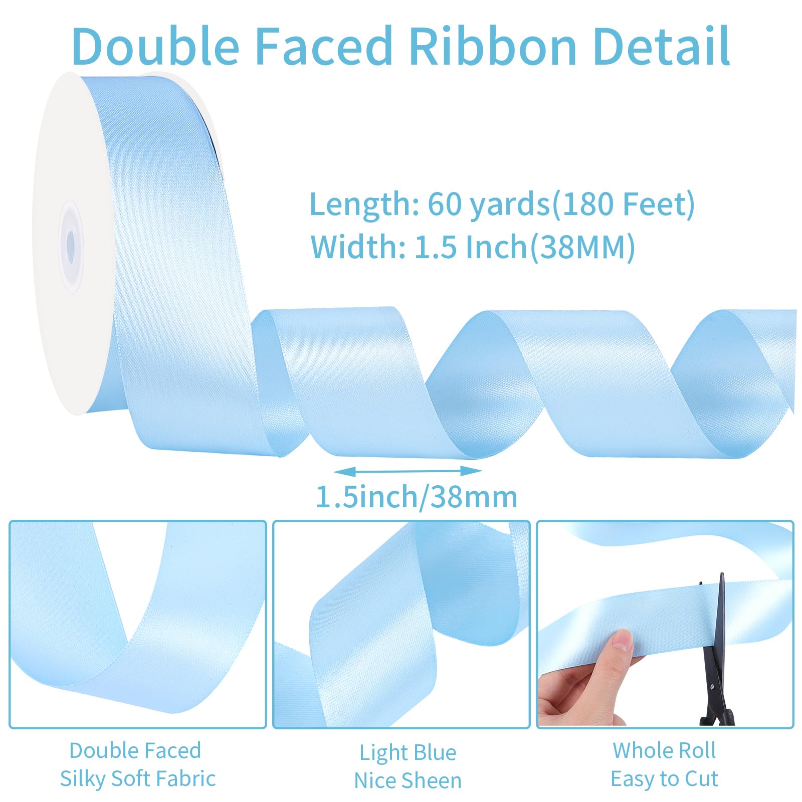 Snapklik.com : Double Faced Blue Ribbon, 60 Yards 1 1/2 Inch Light Blue ...