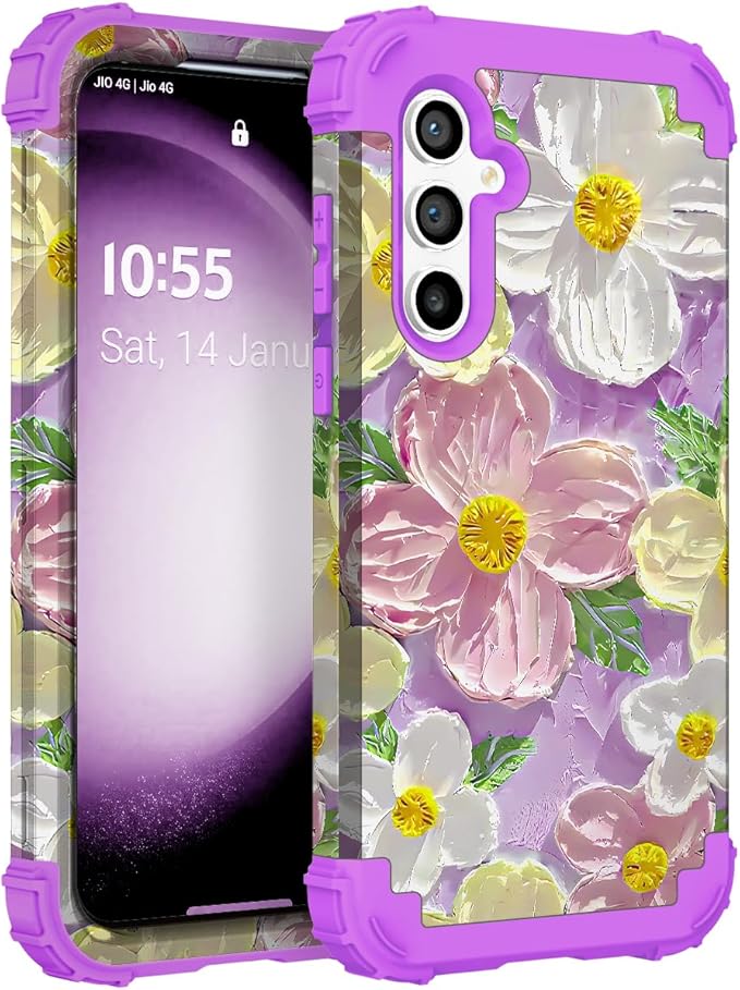 Amazon.com: SleekCover for Galaxy S24 Case,3 in 1 Oil Painting Flower Pattern Heavy Duty ...