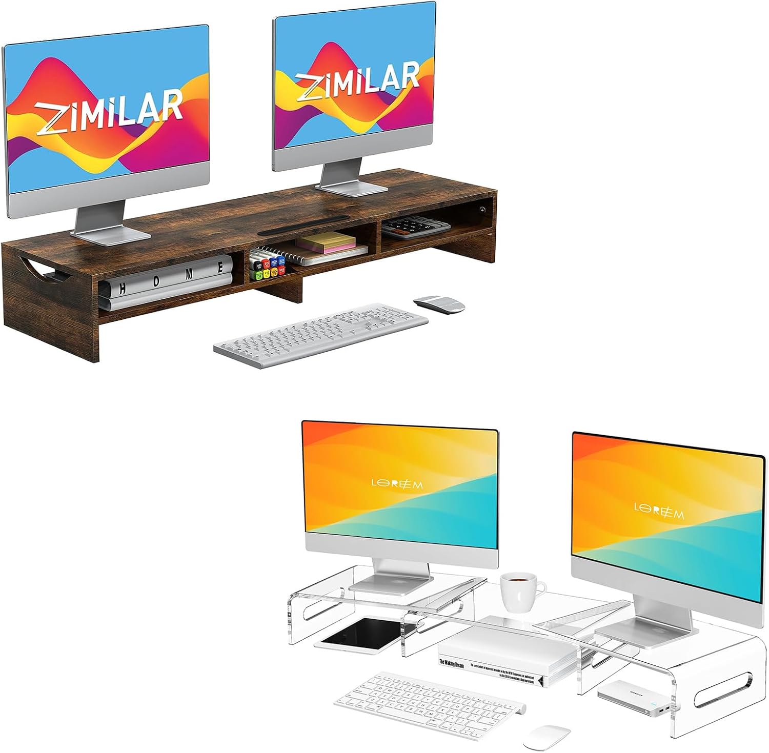Amazon.com: Zimilar 2 Tiers Large Dual Monitor Stand Riser+Dual Monitor ...