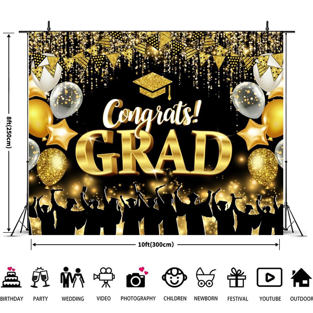 Vinyl Backdrop 10x8ft Graduation Backdrop - Black Gold Glitter Photo ...