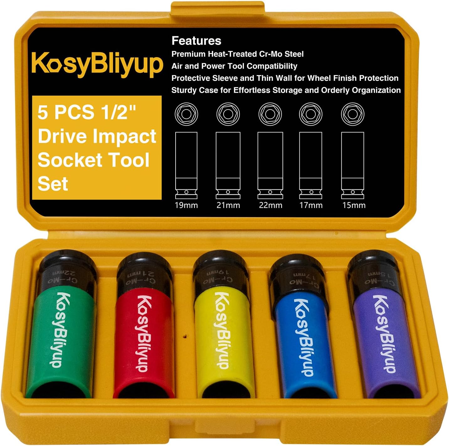 KUNTEC 1/2'' Drive Wheel Protector Impact Socket 5Pcs Thin Wall Deep ...