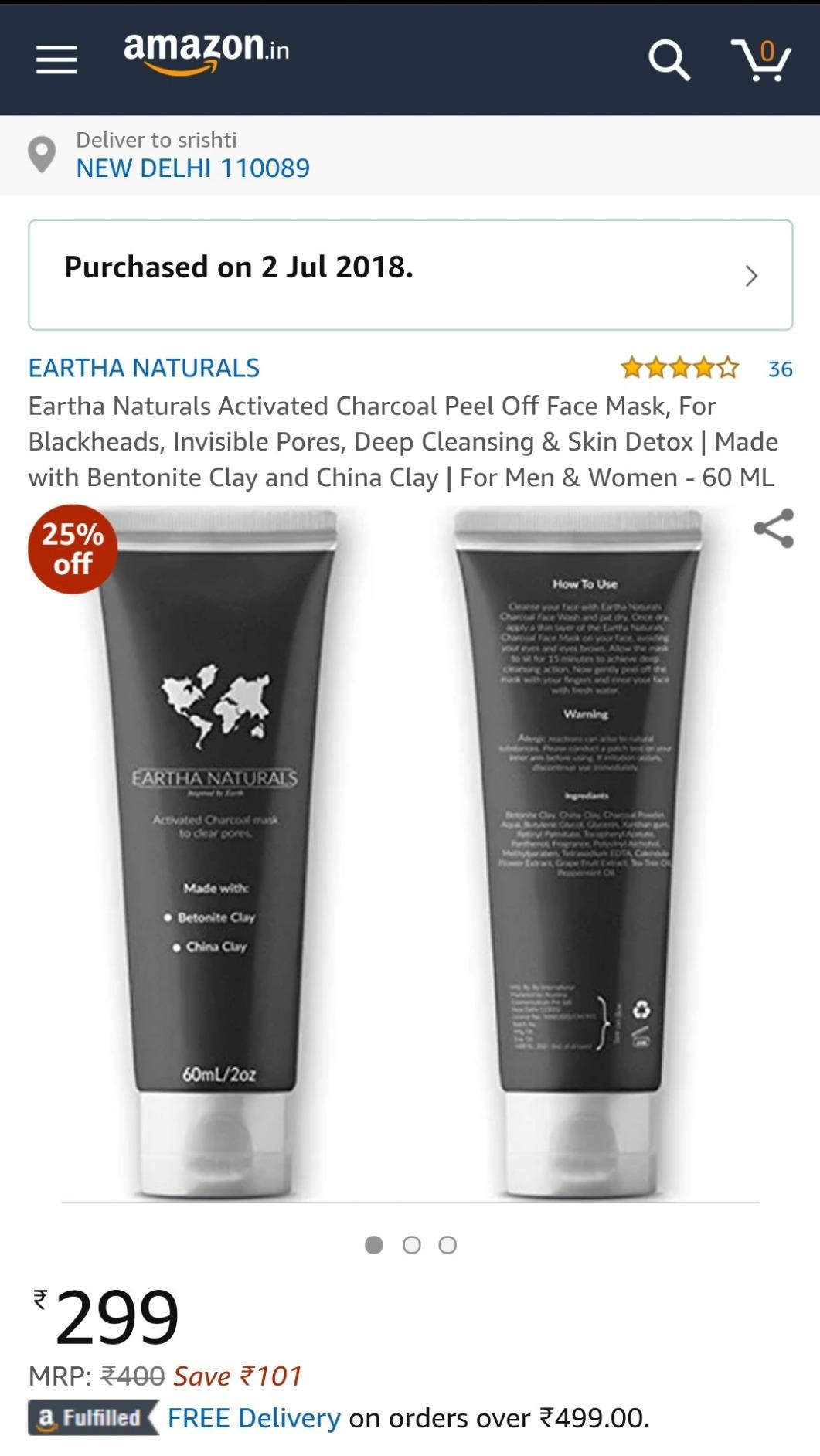 Buy Eartha Naturals Activated Charcoal Peel Off Face Mask 100 mL For ...