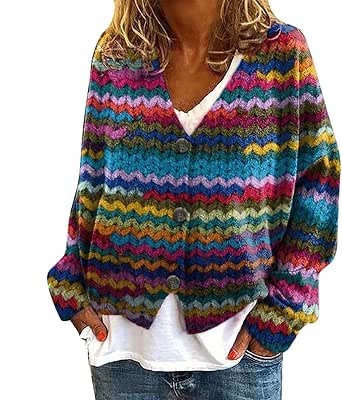 Women's Abstract Art Multicolor Sweater Long Sleeve Knitted Cardigans ...