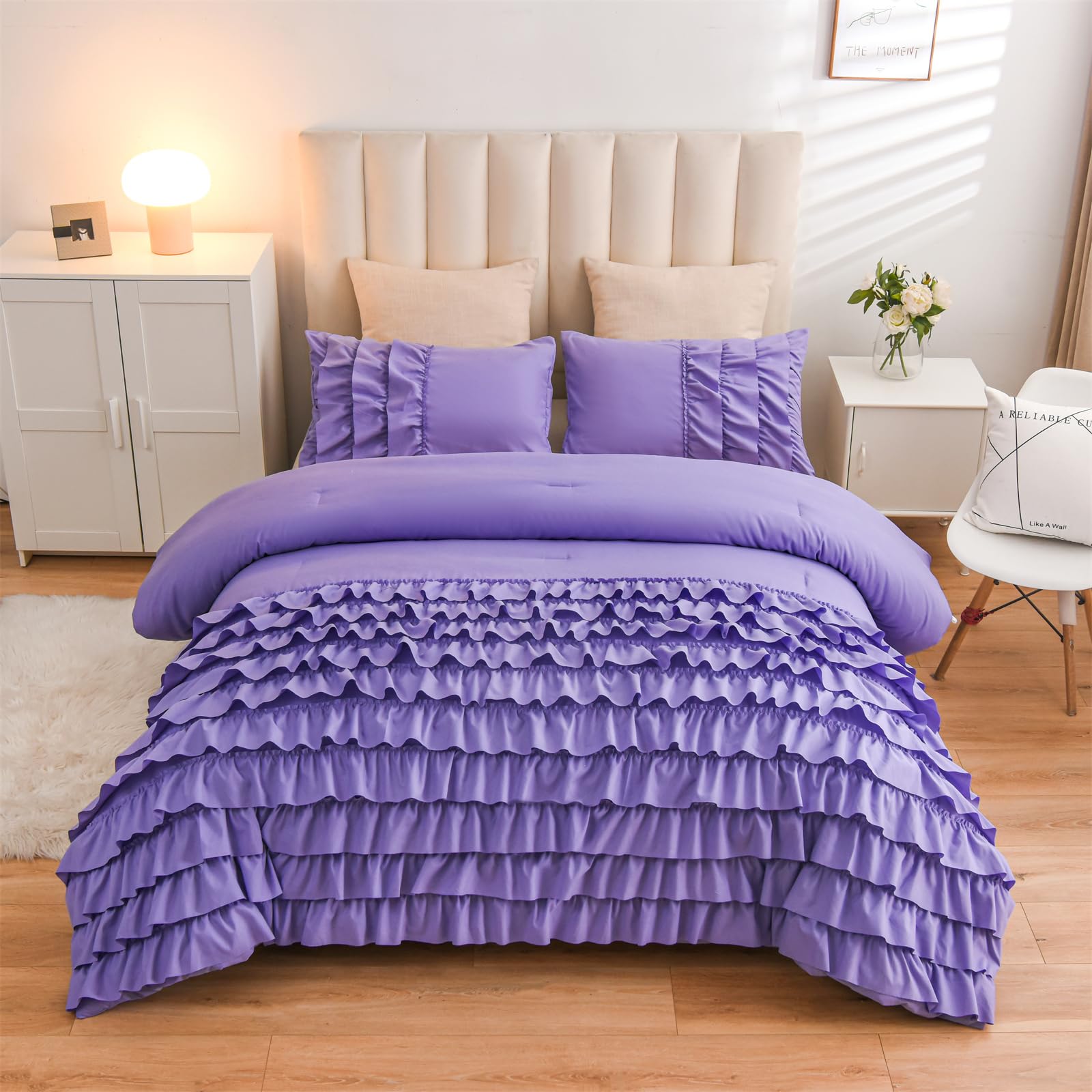 A Nice Night Waterfall Flutter Ruffle 3PCS Comforter Set,Chic Ruffled ...