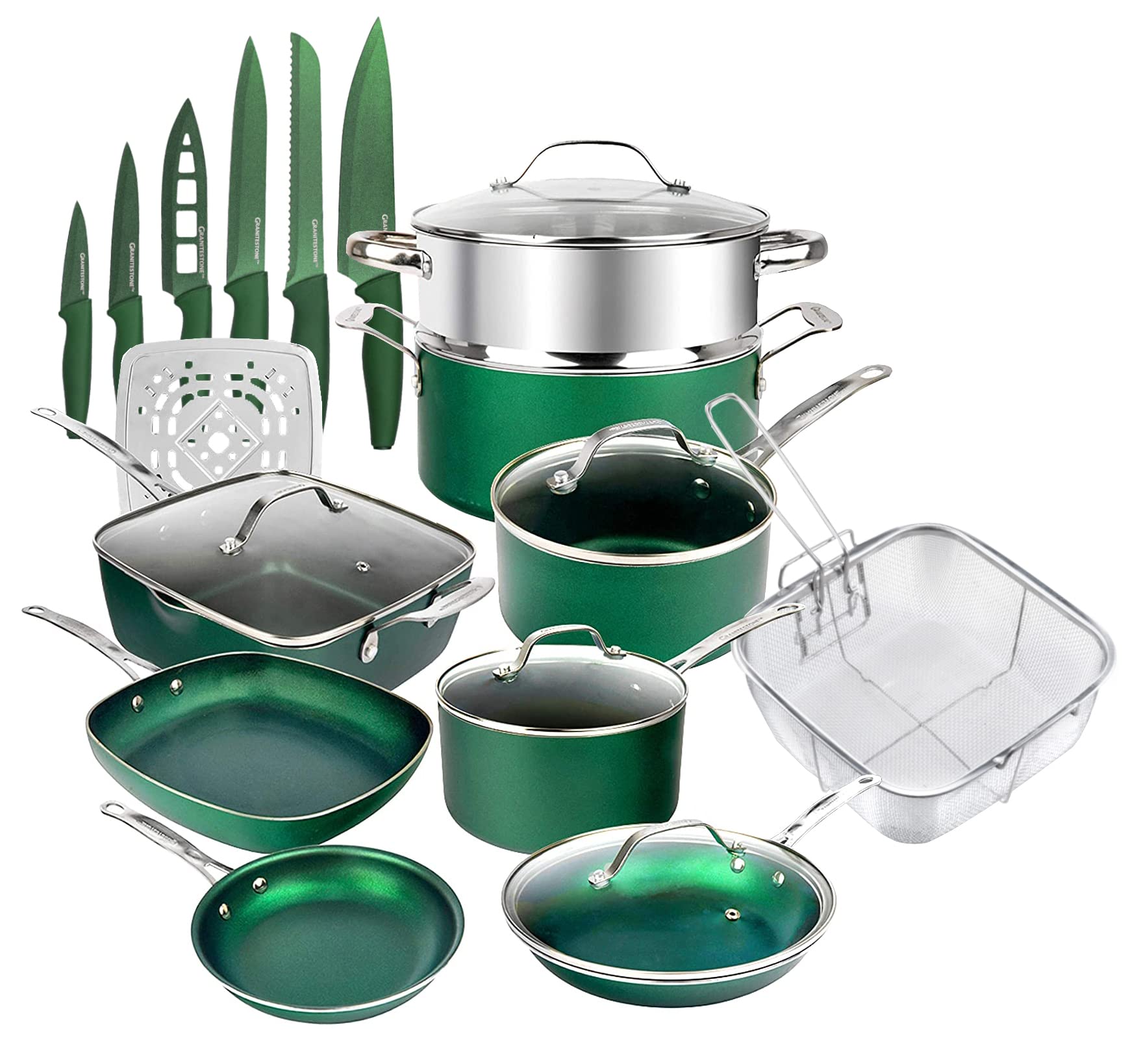 Granitestone Emerald Pots and Pans Set Nonstick, 21 Piece Ultra Durable ...