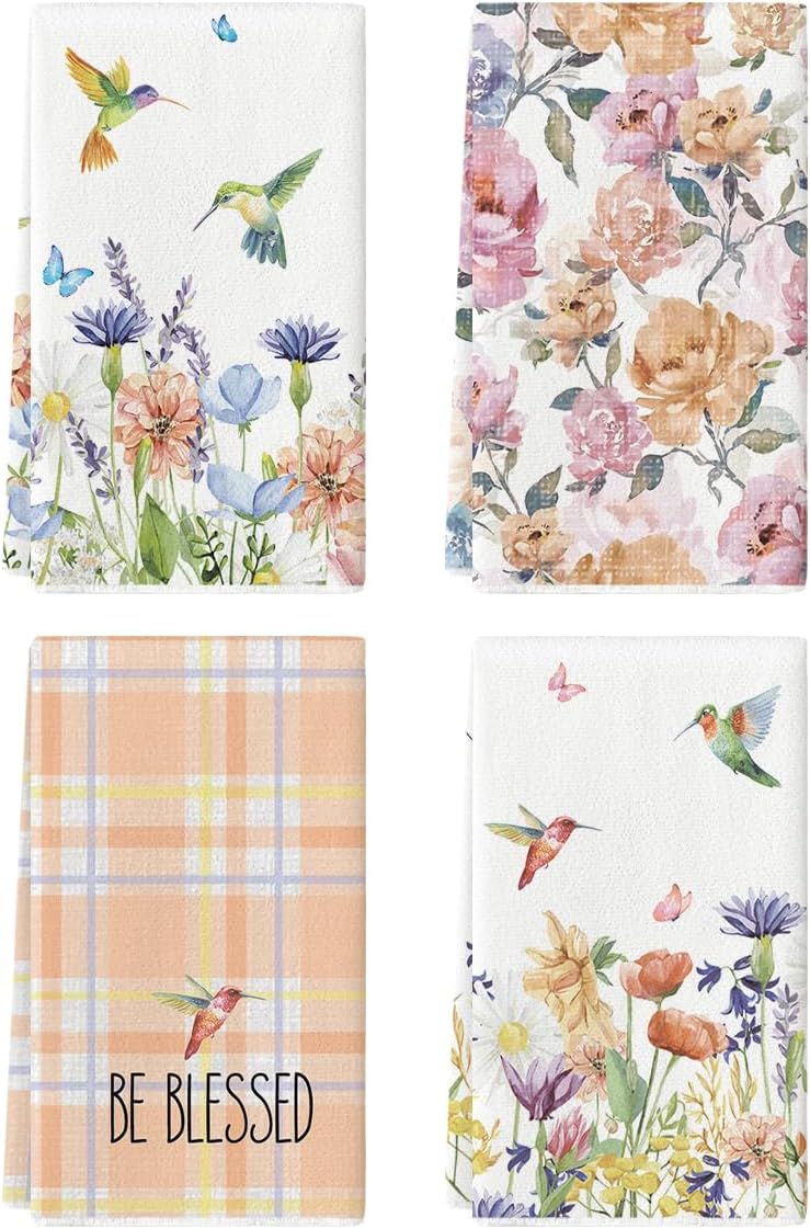 Amazon.com: Artoid Mode Anemone Flowers Hummingbird Kitchen Towels Dish ...