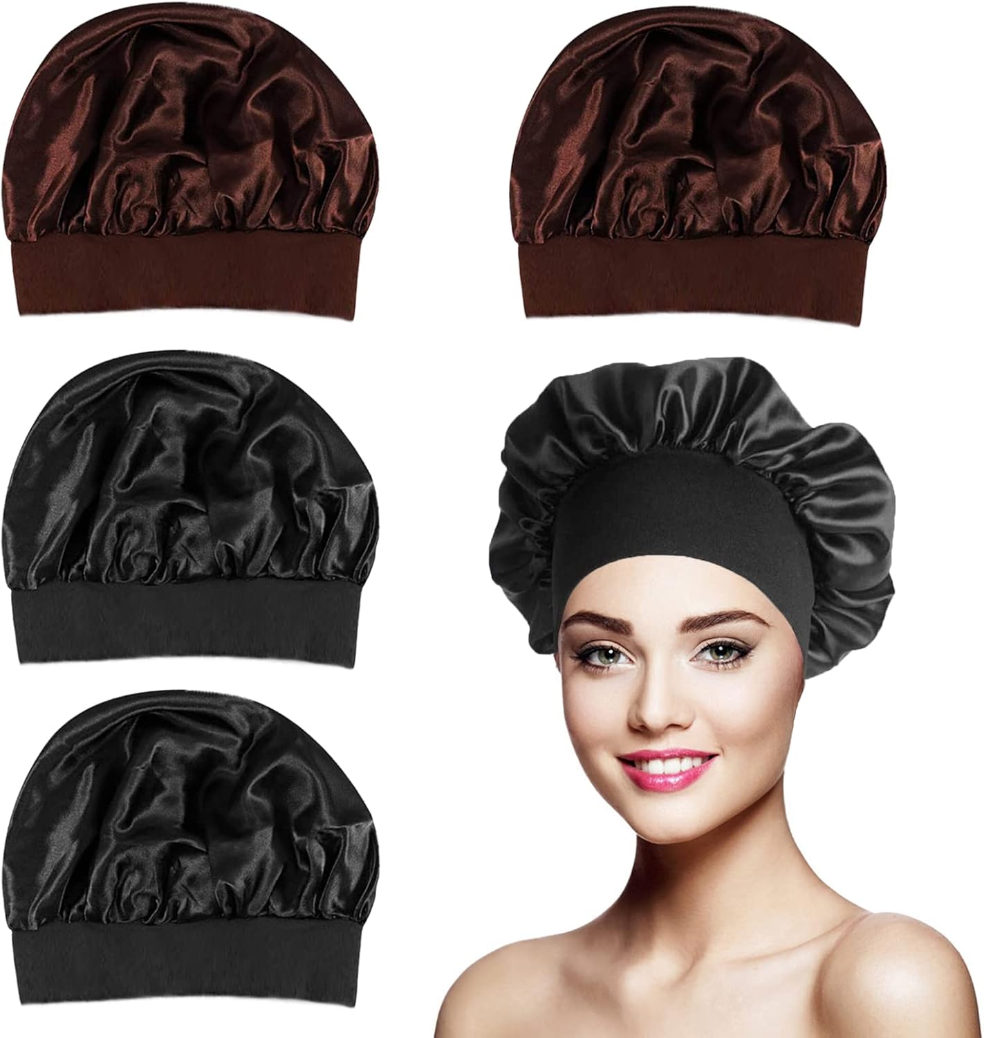 4 Pieces Wide Elastic Band Satin Bonnet Sleep Cap，silk soft Night Sleep ...