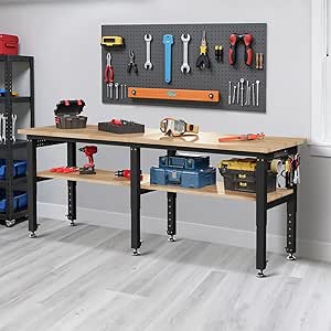 Albott 84" Adjustable 2-Tier Workbench with Solid Wood Top, Max 2000lbs ...