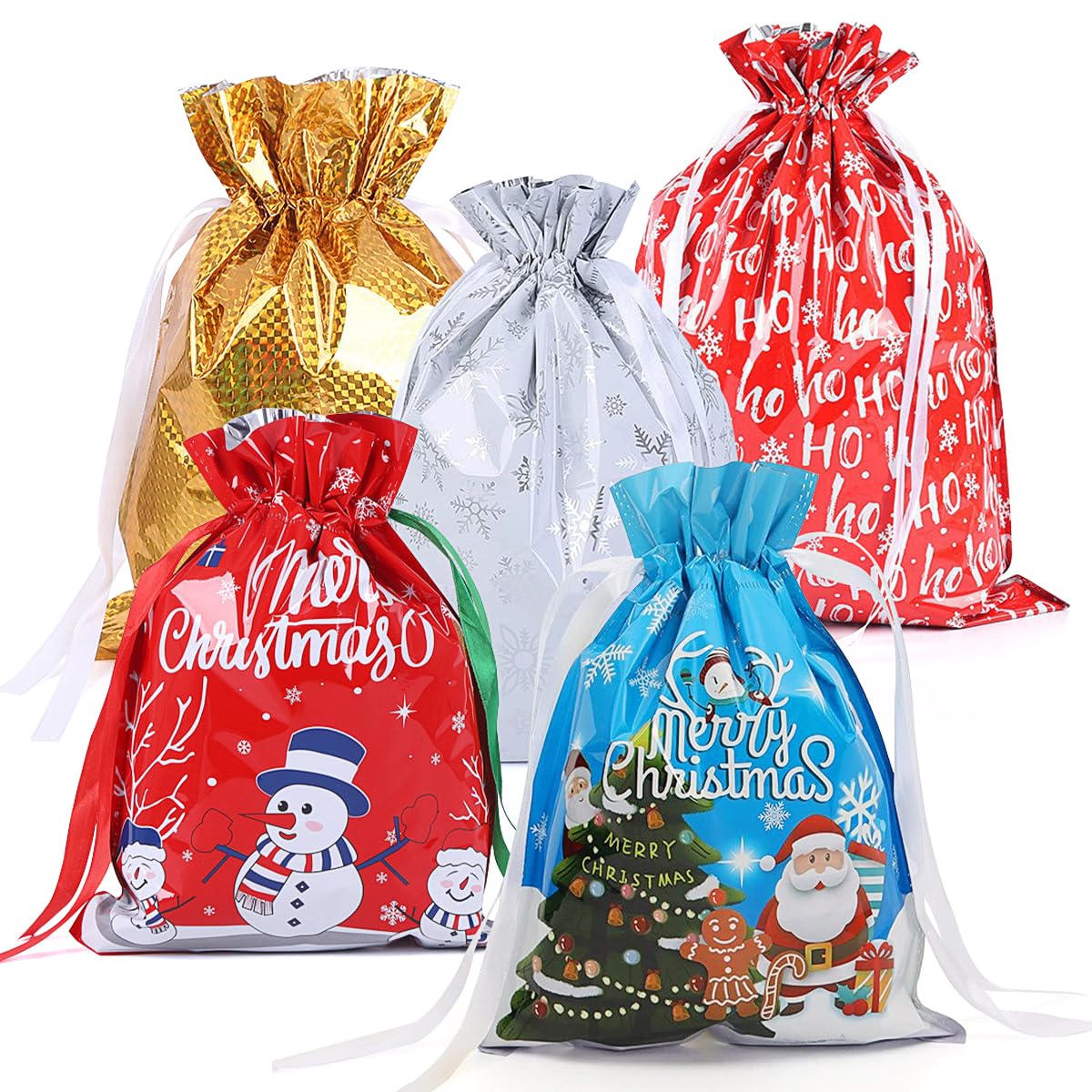 24 * 32cm Christmas Drawstring Bags，5pcs Christmas Gift Bags Printed ...