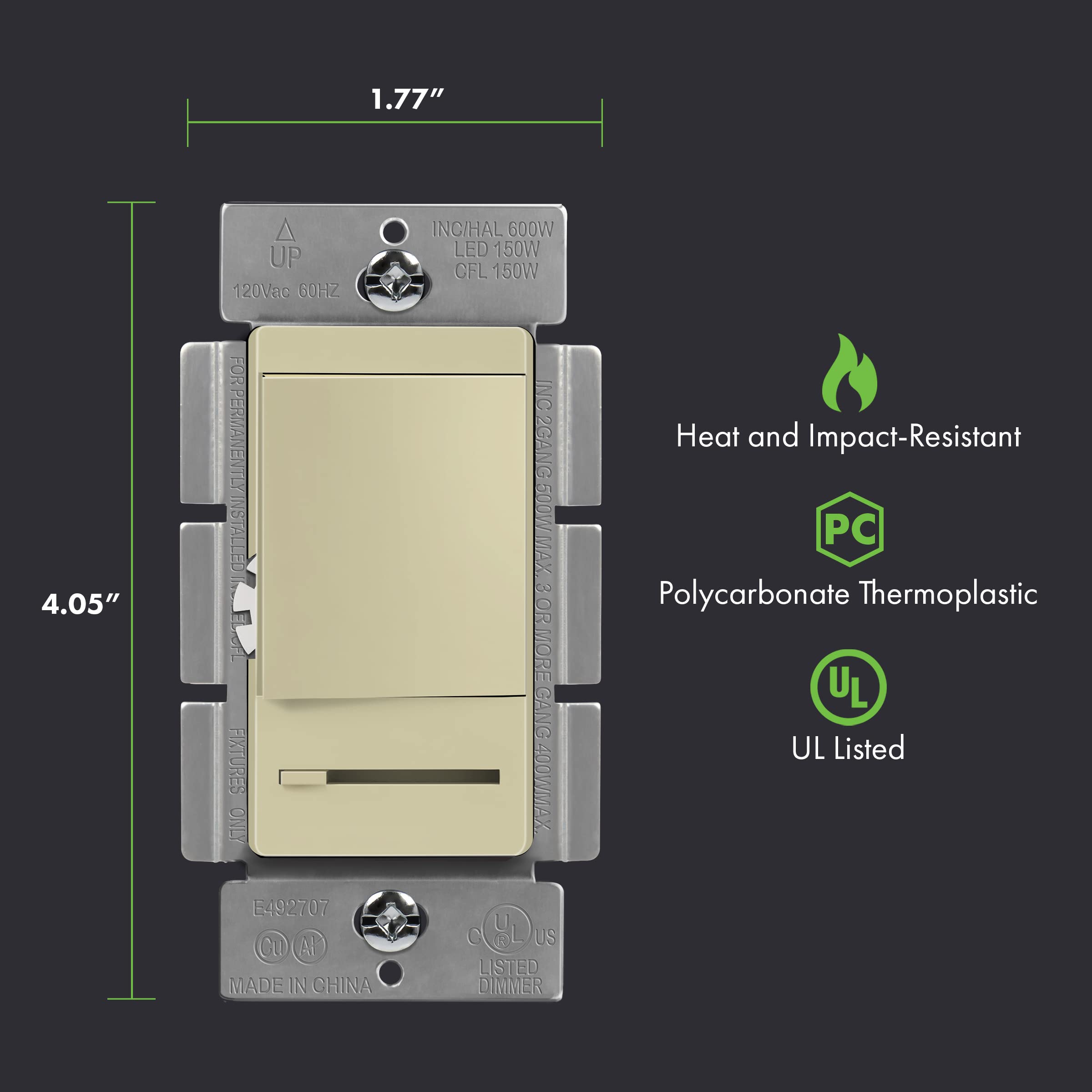 Snapklik.com : In Wall Slide Dimmer Switch, For 150W Dimmable LED, 600W ...