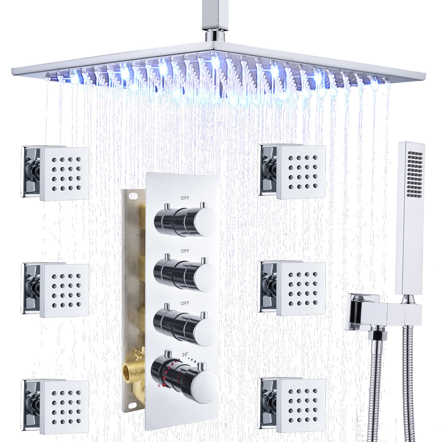 Bathroom Luxury 16 Inch LED Rain Shower Mixer Combo Set Ceiling Mounted ...