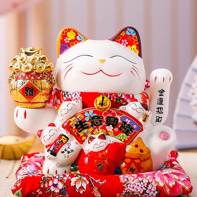 Lucky Cat Waving Arm Lucky Cat,7-inch Ceramic Lucky Cat Lucky Feng Shui ...