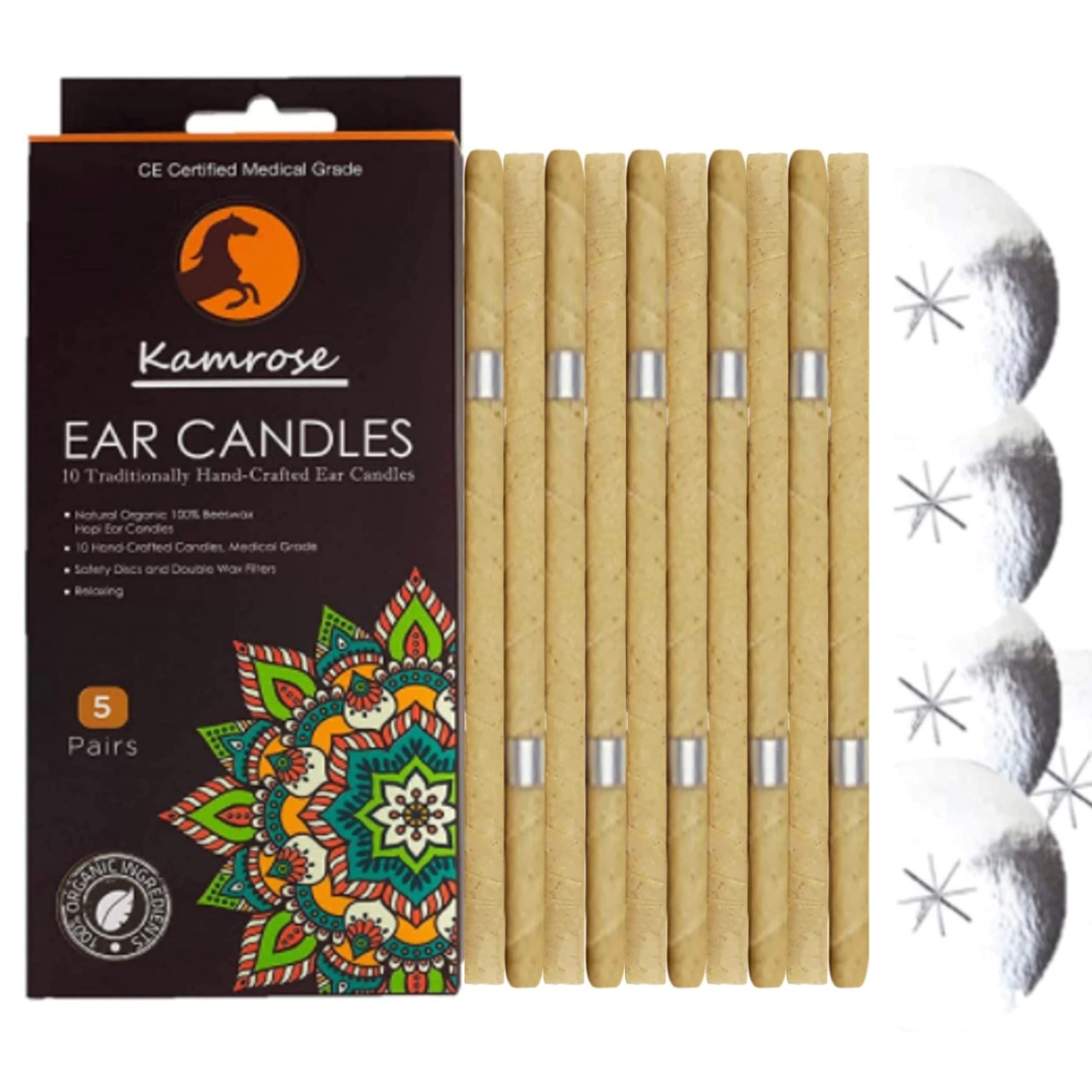10 x Ear Candles for Blocked Ears Hopi Wax Remover + 5 Protective Discs ...