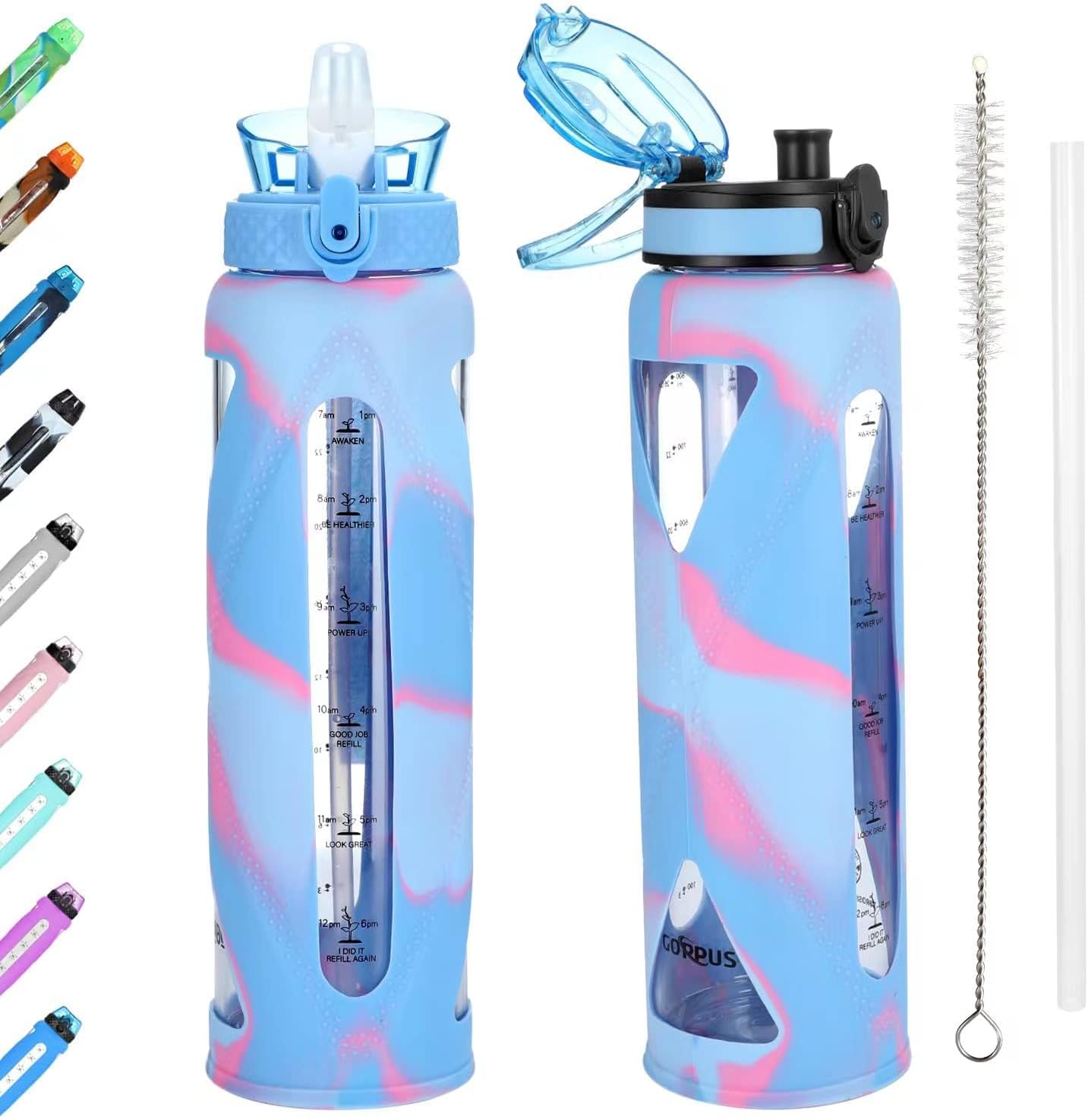 Amazon.com: GOPPUS Glass Water Bottles with Straw and Flip Lid ...