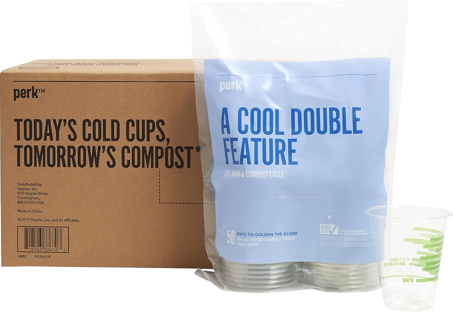 Amazon.com: Perk Compostable Plastic Cold Cup, 12 Oz., Clear/Green, 600 ...