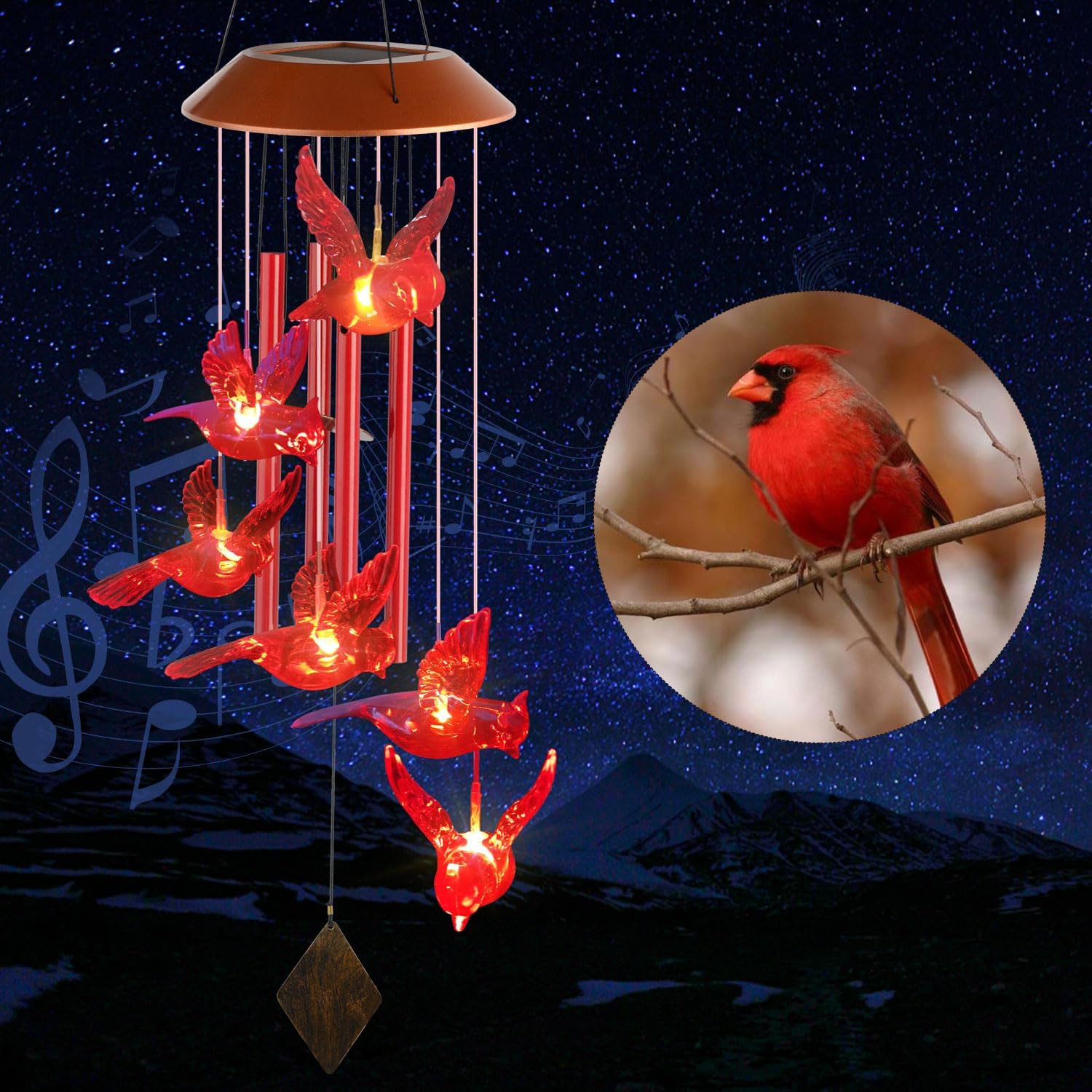 Amazon.com : Red Cardinal Bird Solar Wind Chimes with 4 Music Metal ...