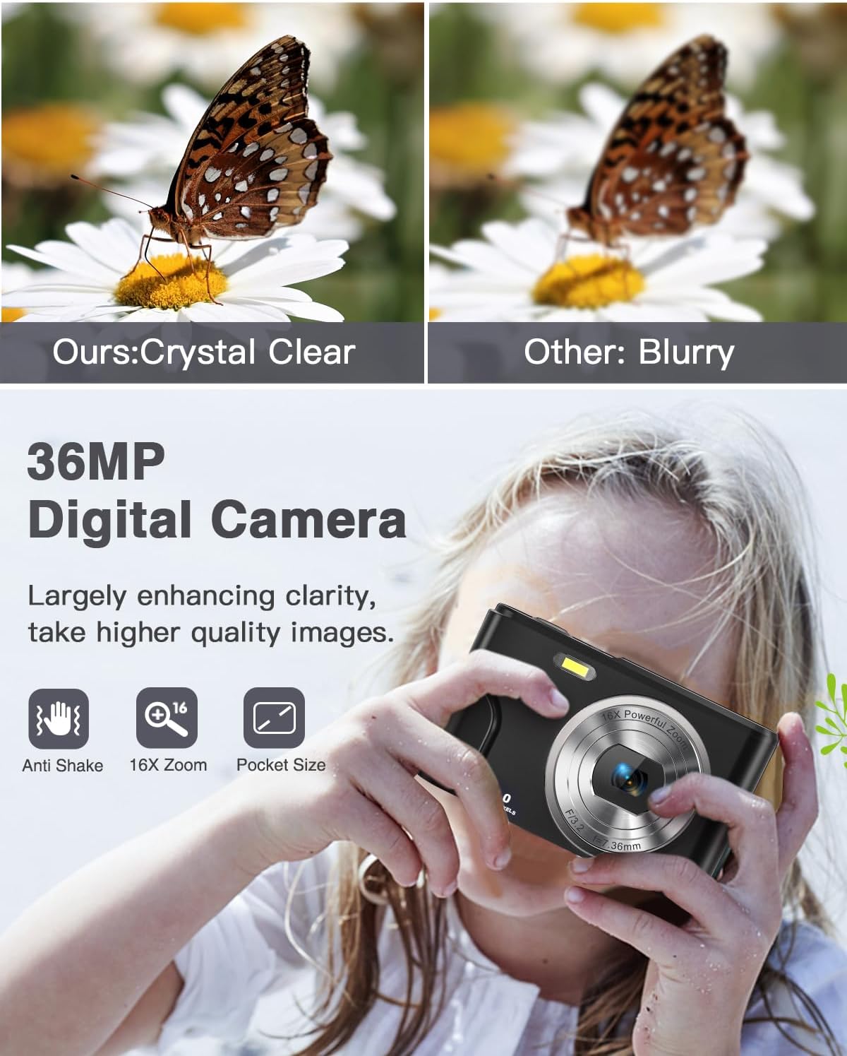 Digital Camera, Kids Camera 1080P 36MP Video Camera with Two Batteries ...