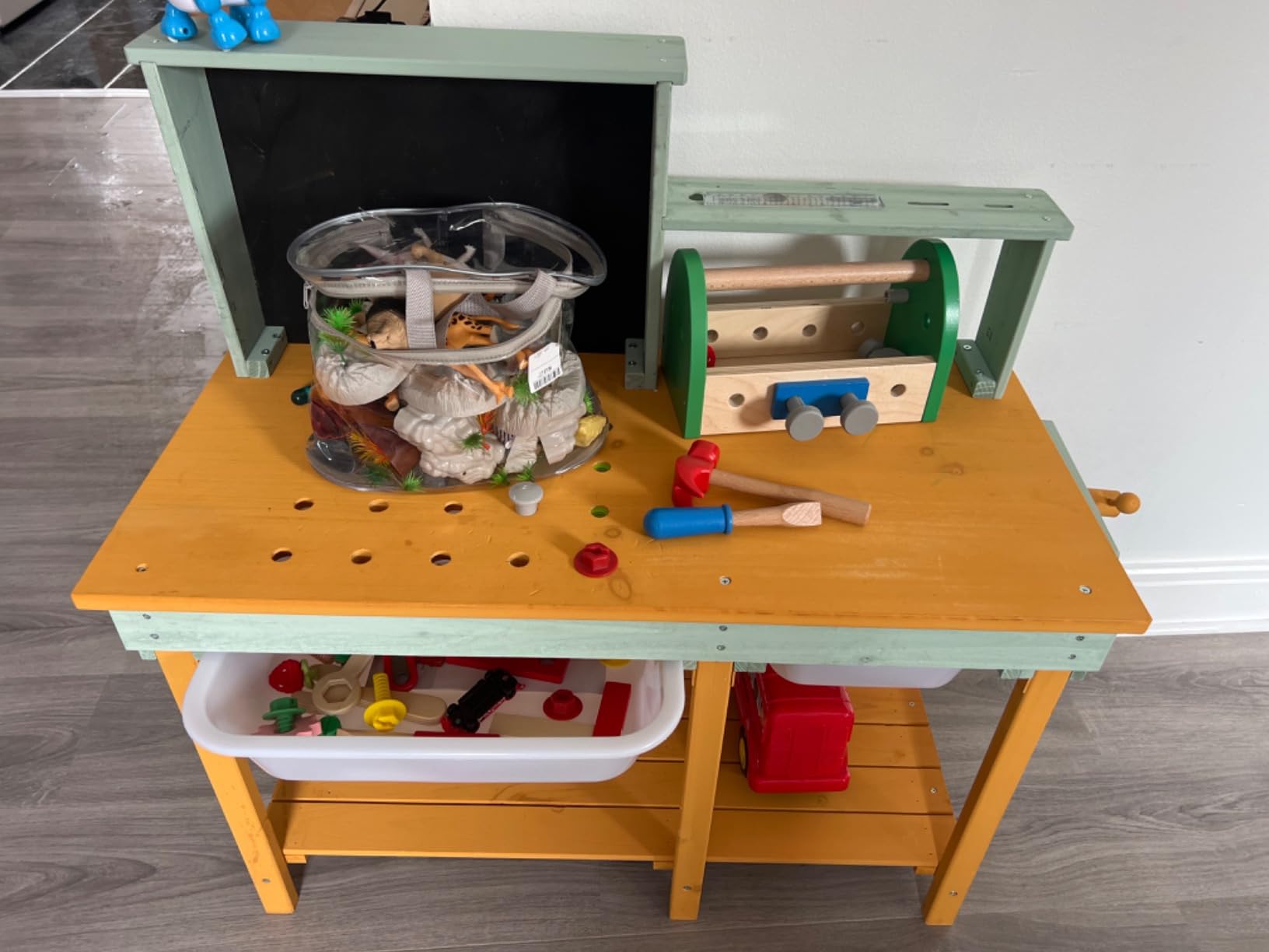 Maxmass Kids Workbench, Wooden Toddler Tool Bench with Rich Tool & Parts, Chalkboard, 2 Storage ...