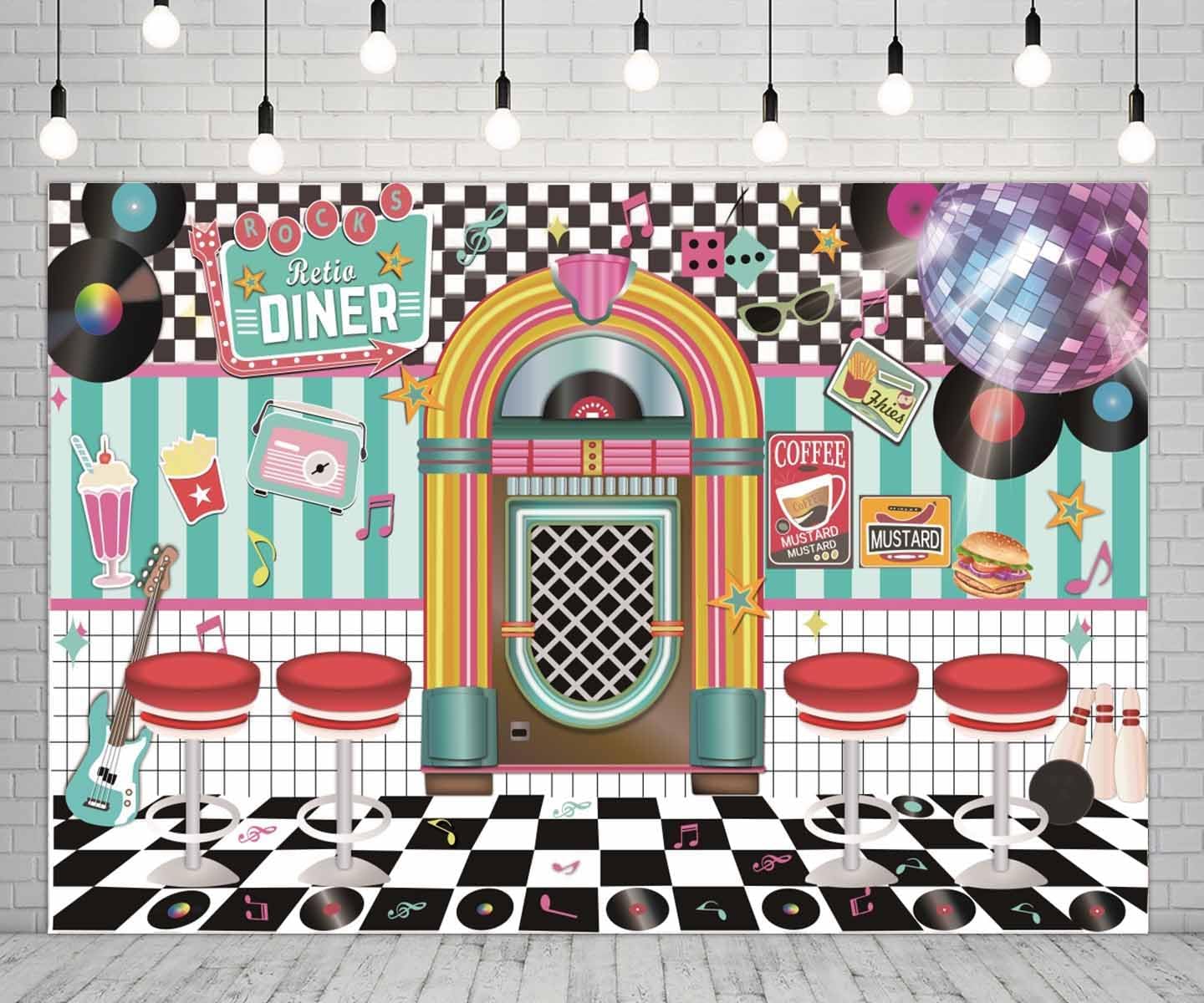 Amazon.com : 7X5ft 50s Retro Diner Party Backdrop Cartoon Retro Rock ...