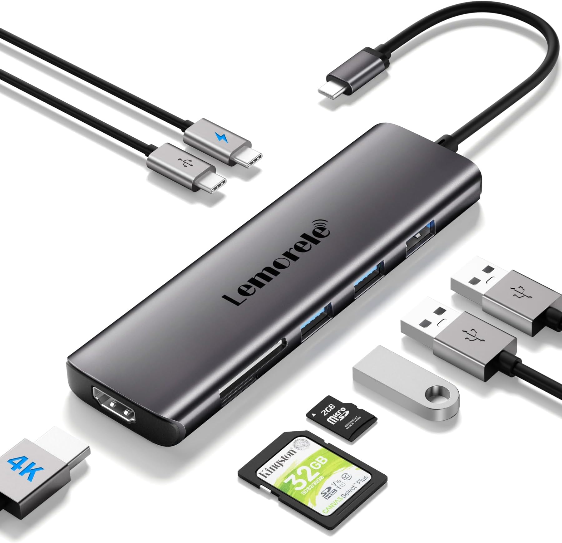 Lemorele 8-in-1 USB C Hub Multiport Adapter, 3.0 USB-C Hub with 4K HDMI ...