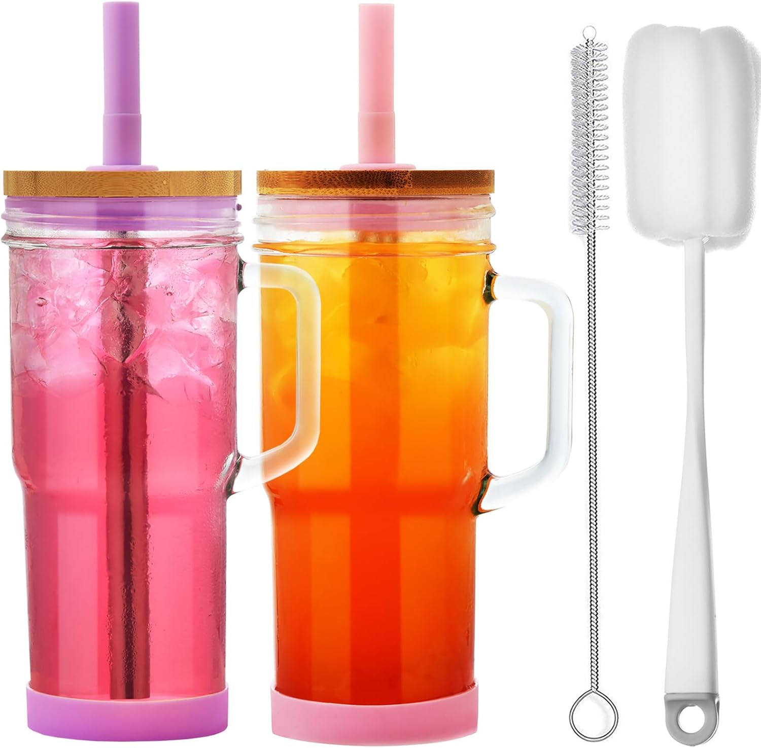 Amazon.com | ALINK Glass Cups with Lids and Straws, 24 oz Drinking ...