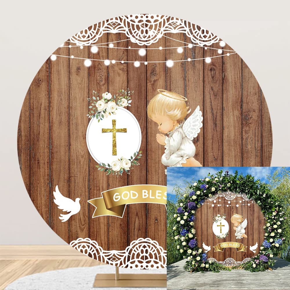 Baptism Communion Round Backdrop Greenery Cross Design God Bless Round ...