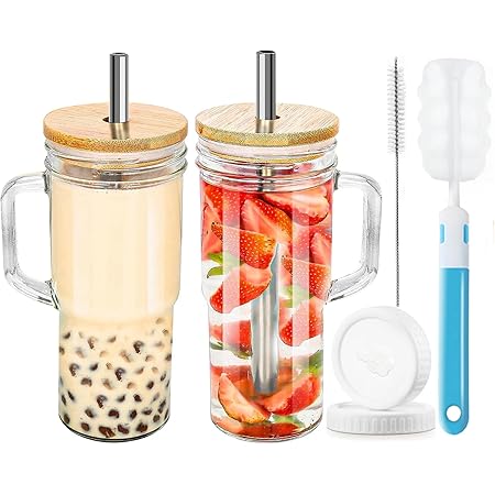 Amazon.com: Vesici 2 Pack Glass Cups with Bamboo Lids and Straw 24oz ...