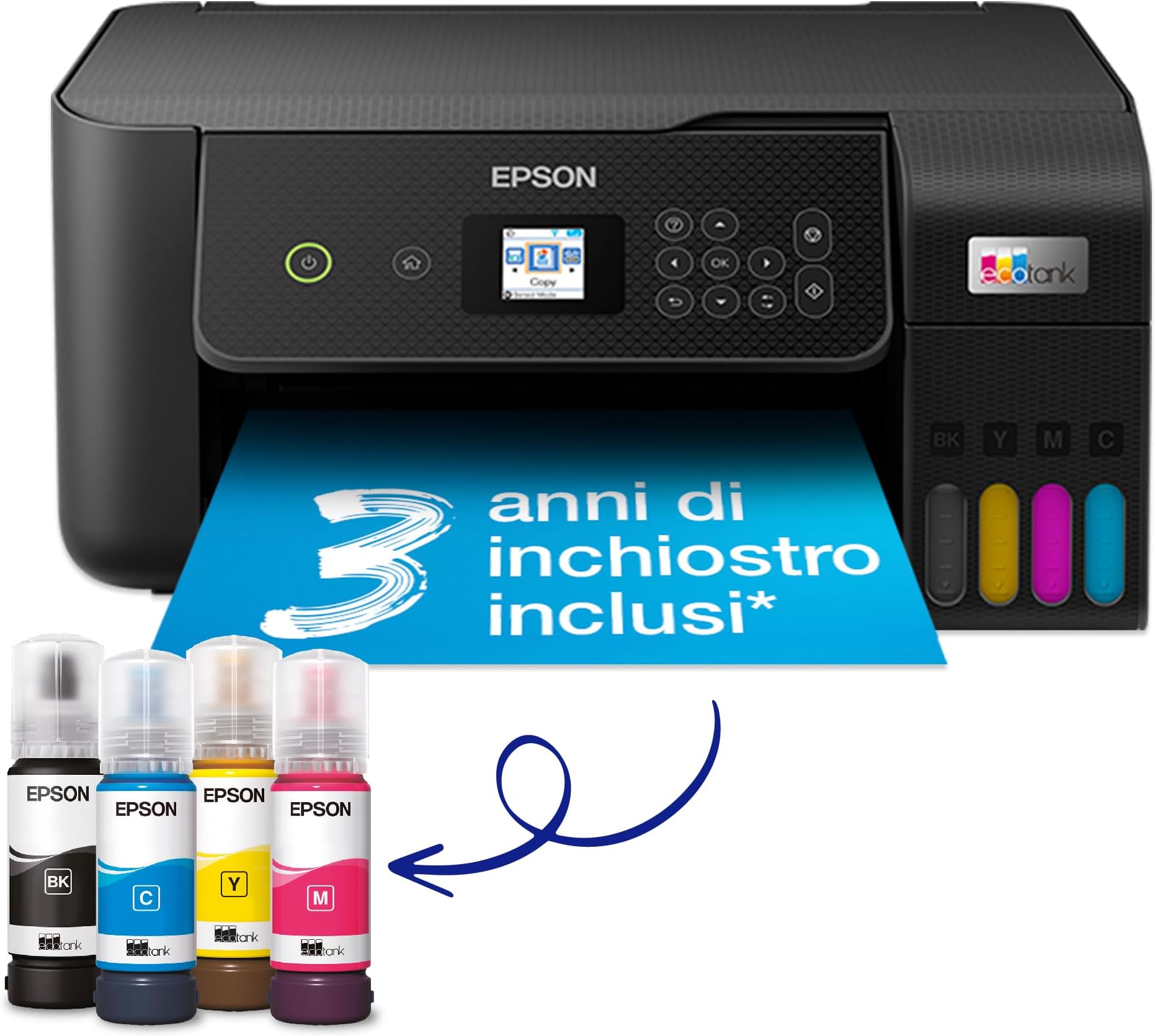 Epson EcoTank ET-2821 Stampante Multifunzione 3-in-1 A4, Serbatoi ...