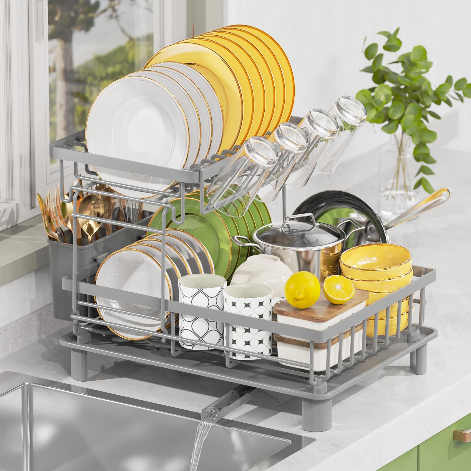 LIONONLY 2 Tier Dish Drainer Rack with Drip Tray, Detachable Large Dish ...