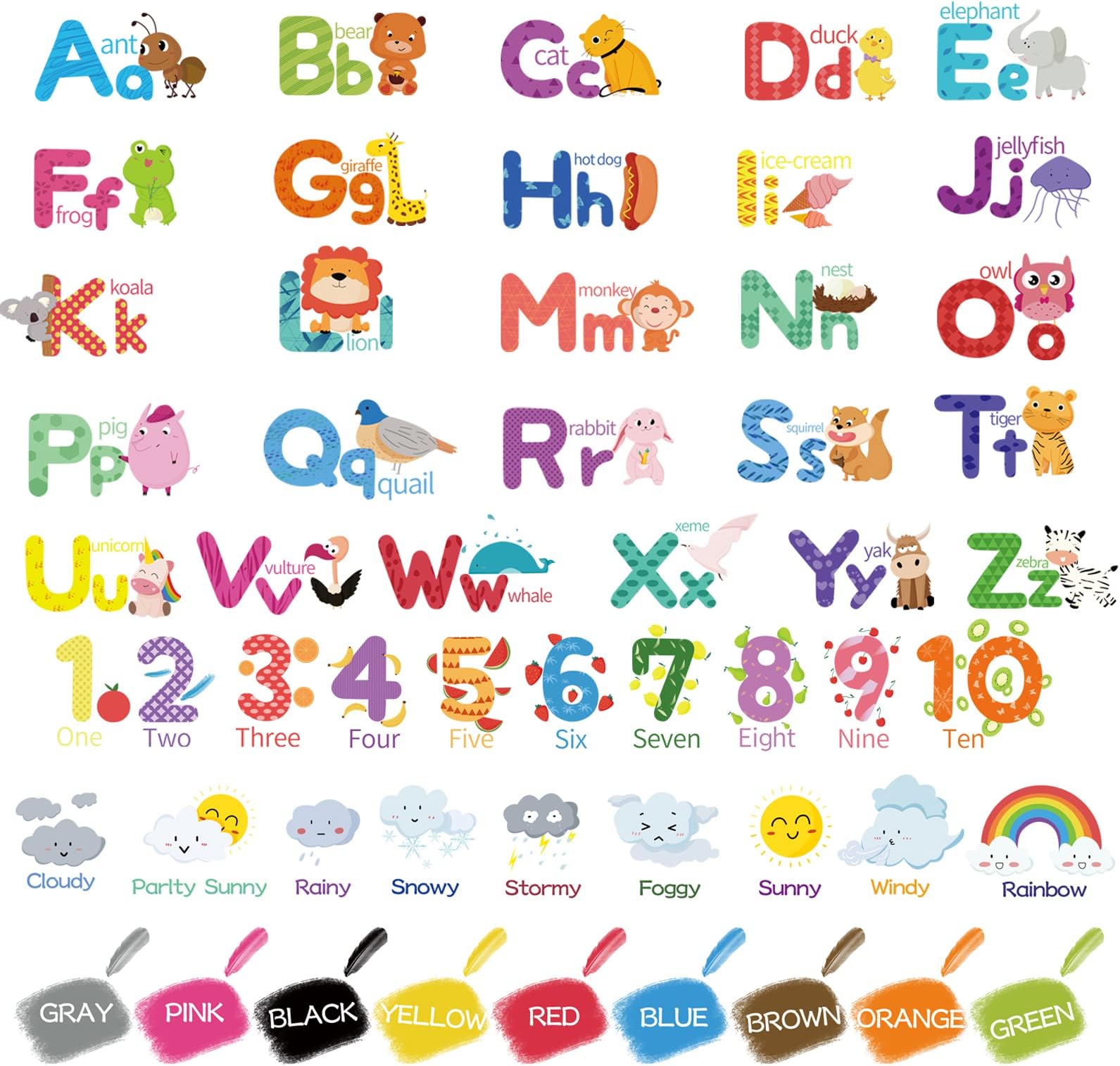 Amazon.com: 6 Sheets Colorful Alphabet Number Wall Decals Weather ...