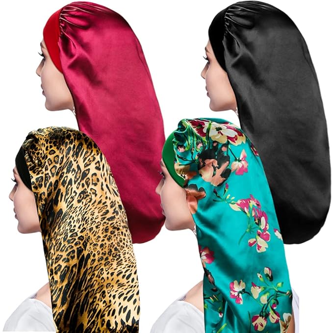 Amazon.com : 4 Pack Long Silky Sleep Bonnet for Curly Hair, Extra Large ...