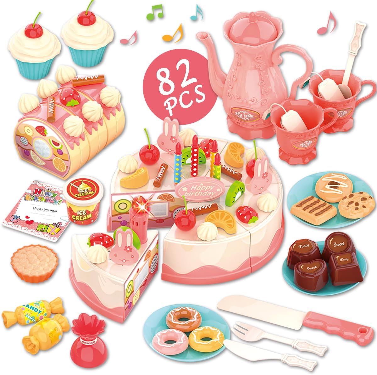 Amazon.com: Elovien Tea Set for Little Girls, 82Pcs Birthday Cake Toys ...