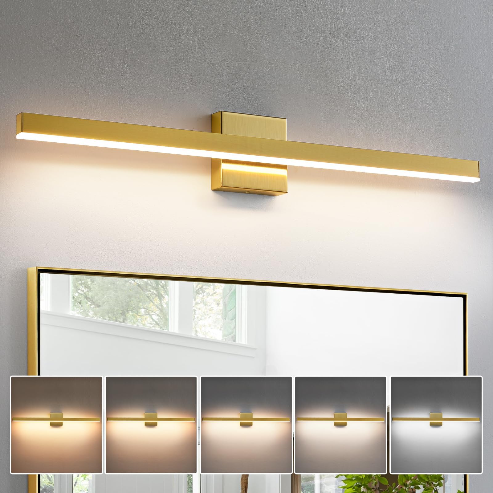 Linour Bathroom Lights Over Mirror: Brushed Gold 3-Lights 360 ...