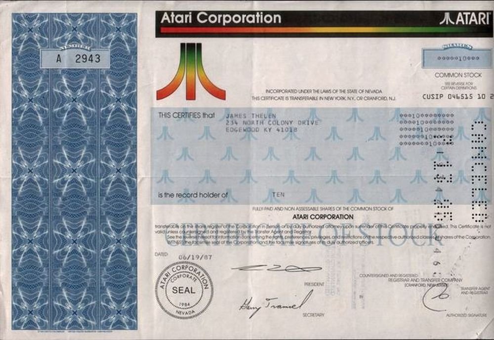 1989 RARE ORIGINAL 1980's ATARI STOCK CERTIFICATE w TRAMIEL SIGNATURES ...
