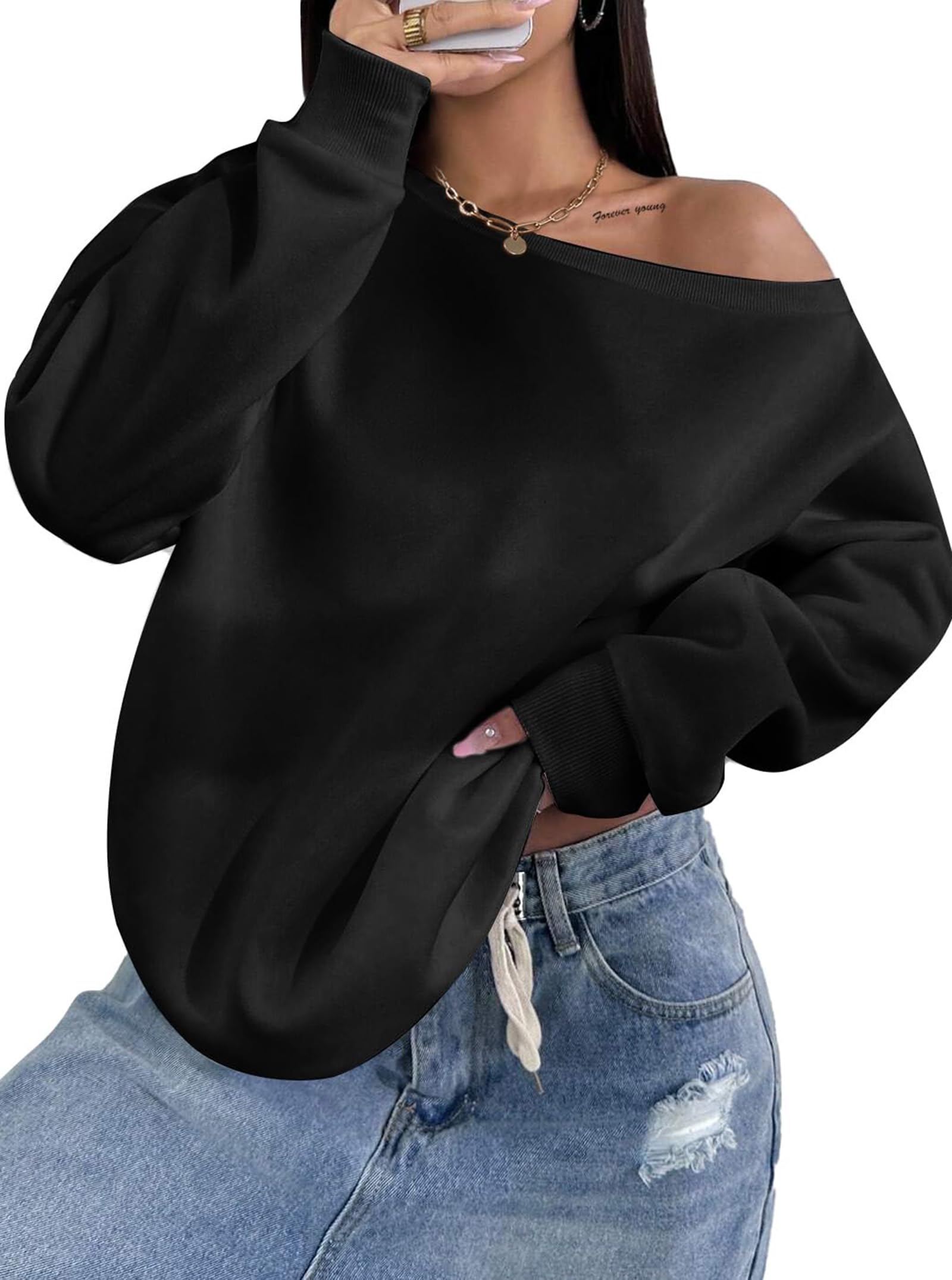 Hilinker Women's Graphic Off Shoulder Sweatshirt Casual Loose Long ...