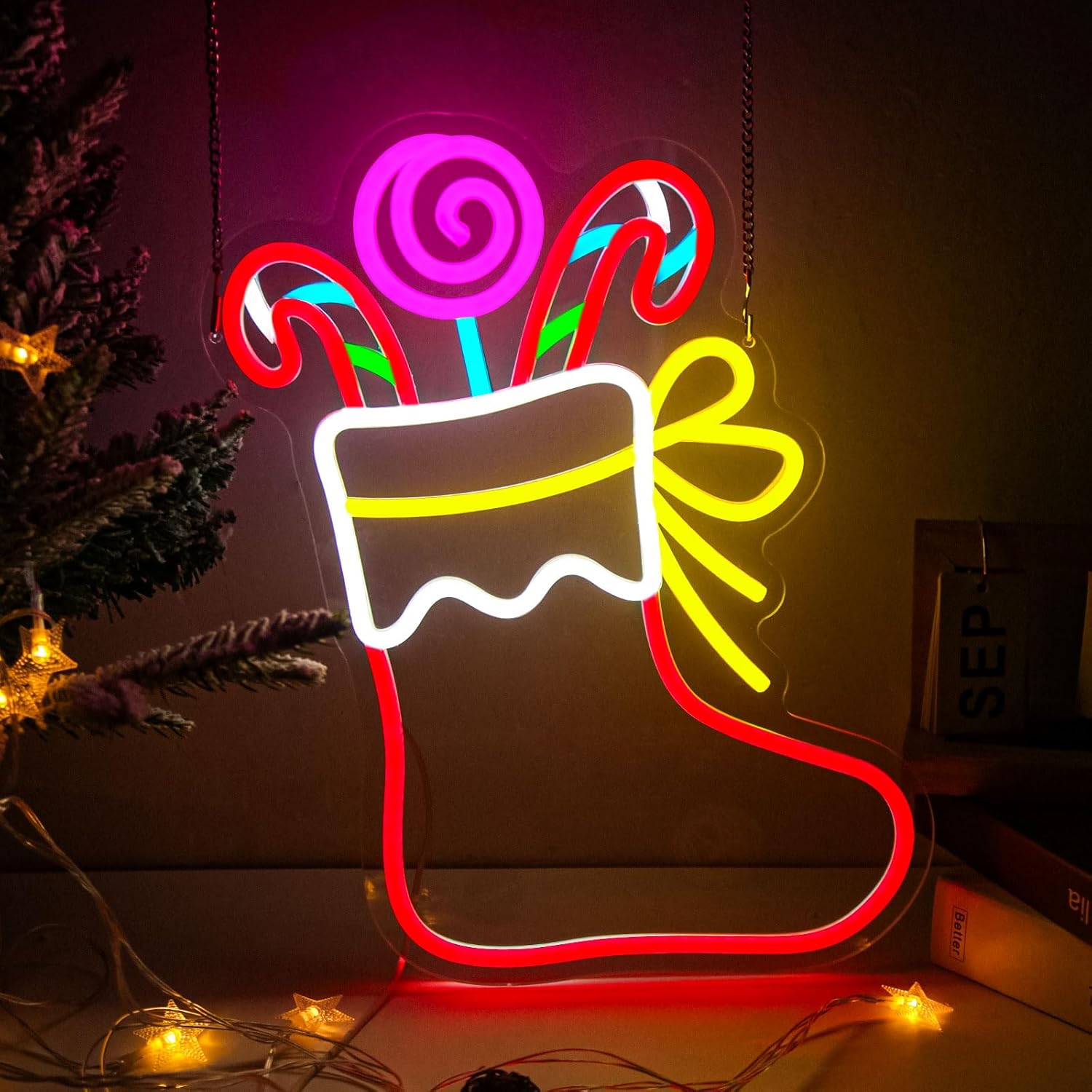 Amazon.com : Mvorixa Christmas Stocking Neon Sign, Dimmable LED Neon ...
