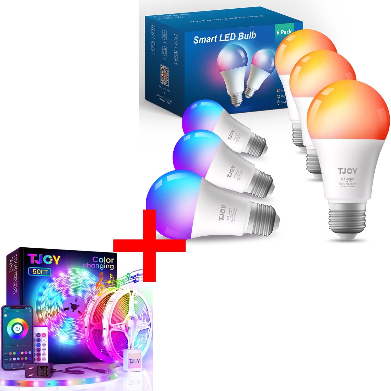 Amazon.com: TJOY Bluetooth Light Bulb 6 Packs + 50ft Bluetooth LED ...