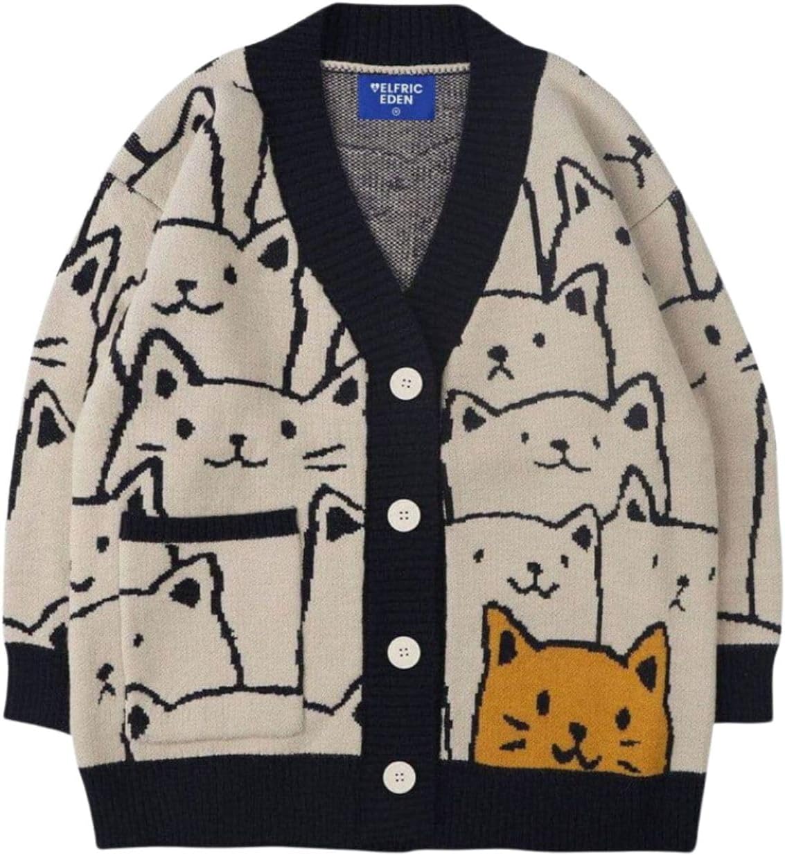 Aelfric Eden Women Cardigan Sweater Cat Cartoon Graphic Open Front V ...