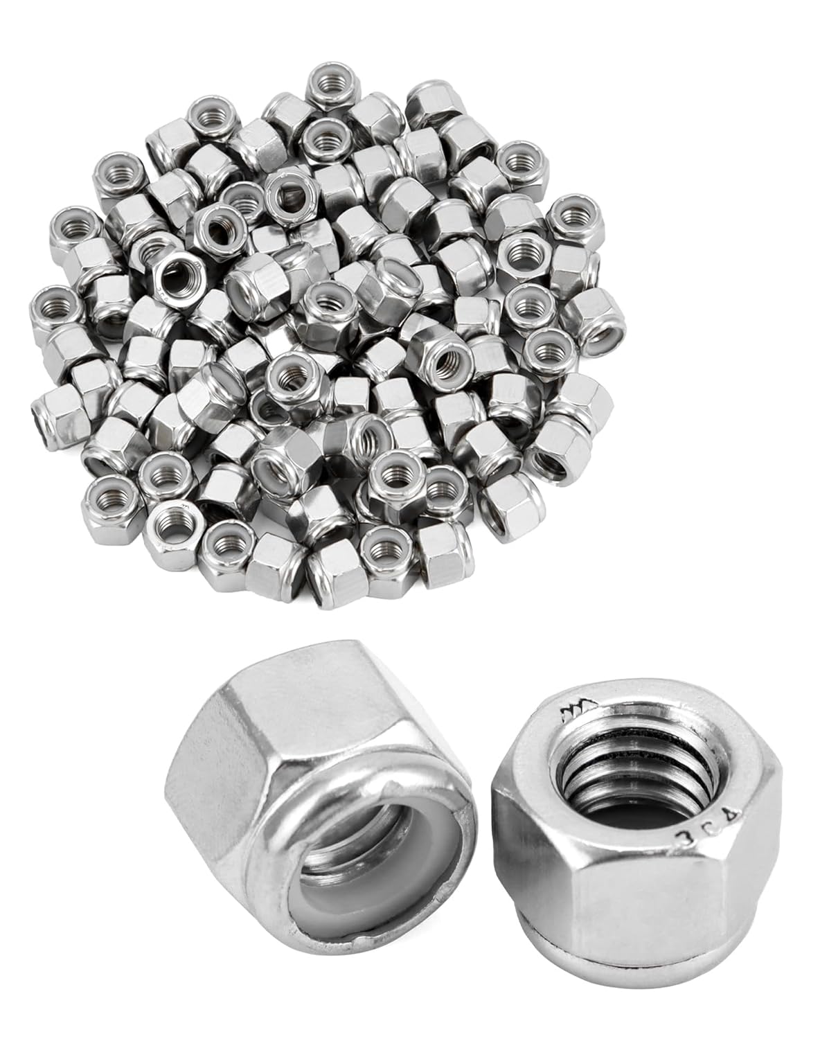 QWORK Stainless Steel Insert Hex Lock Nuts, 100 Pcs 3/8-16 Hex Drive ...