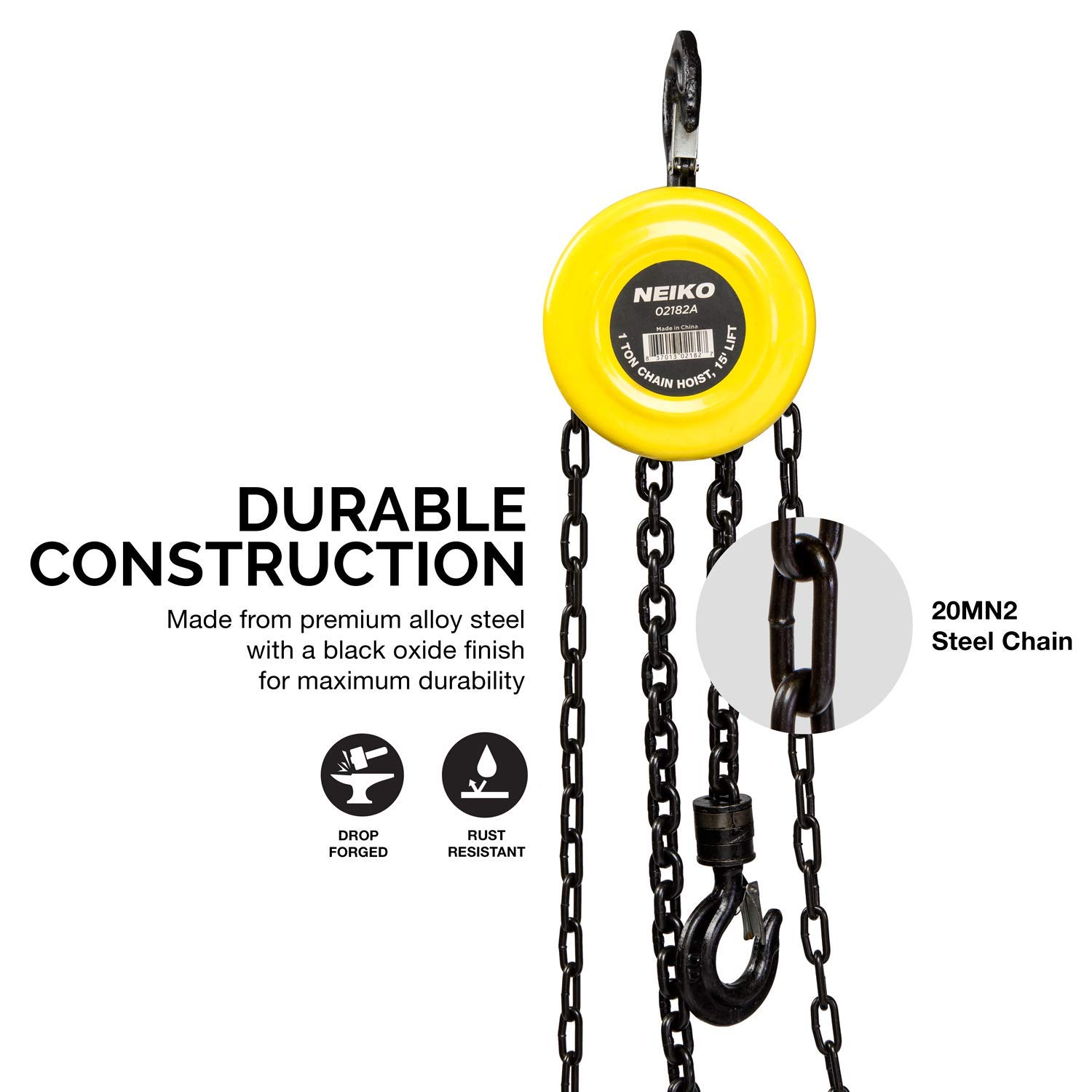 NEIKO 02182A Manual Chain Hoist | 1 Ton/2000 Lbs Capacity | 15’ Lift ...