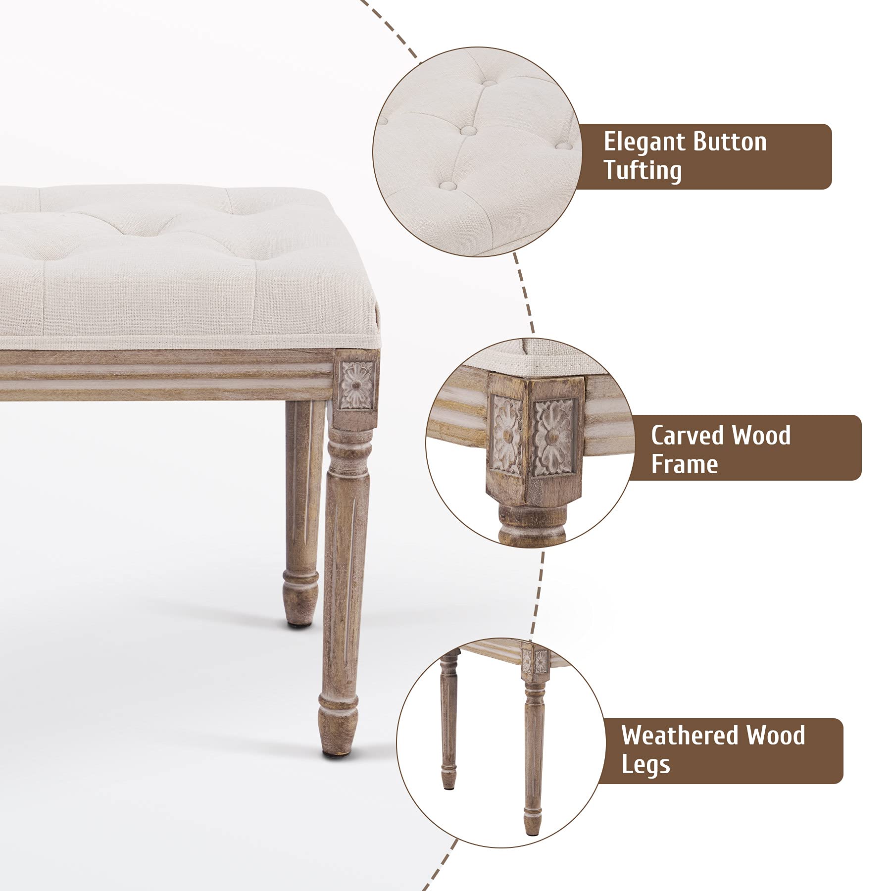 VONLUCE French Vintage Bench with Padded Seat and Rubberwood Legs ...