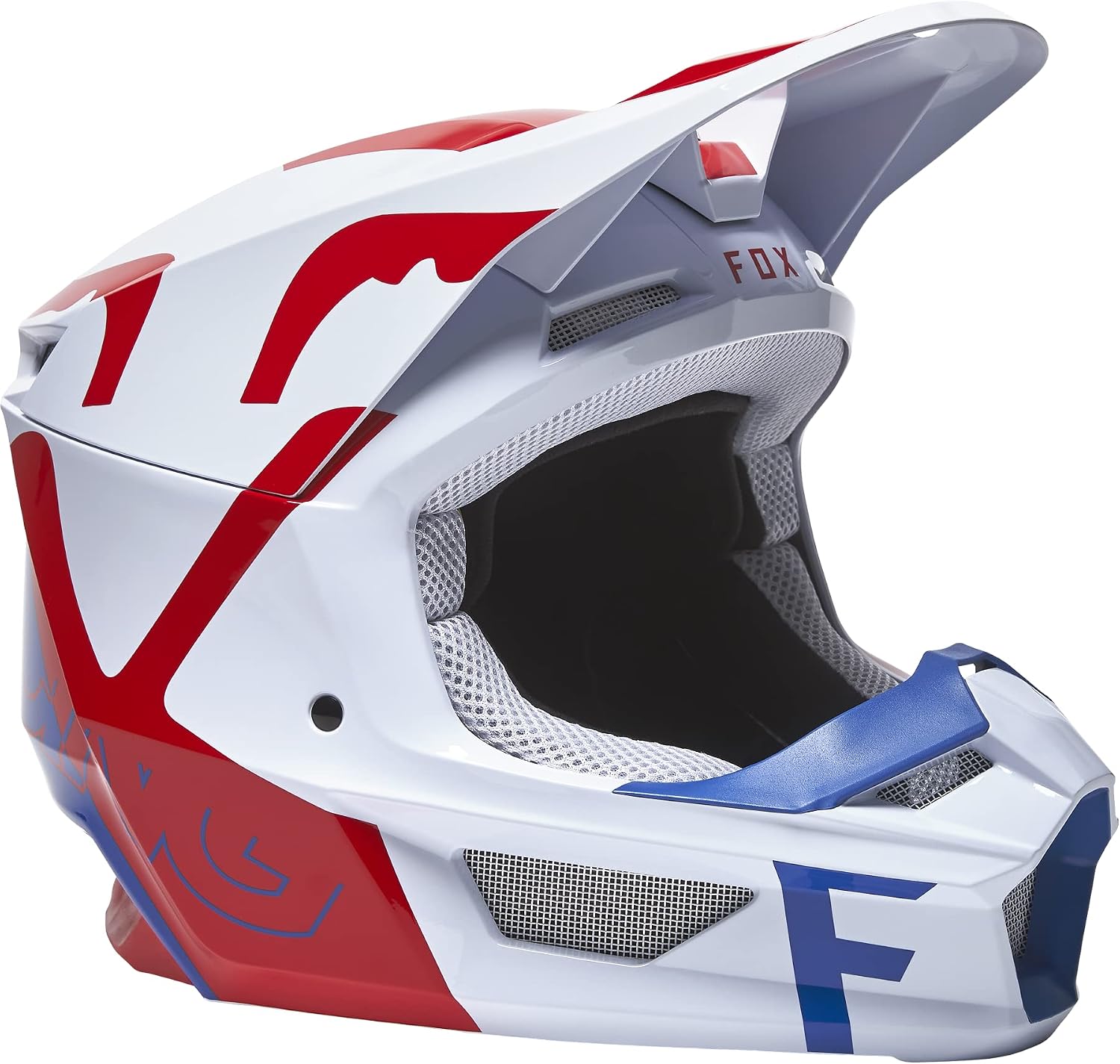 Casco de Motocross Fox Racing V1 Core, SKEW Rojo/Blanco/Azul, XX-Grande