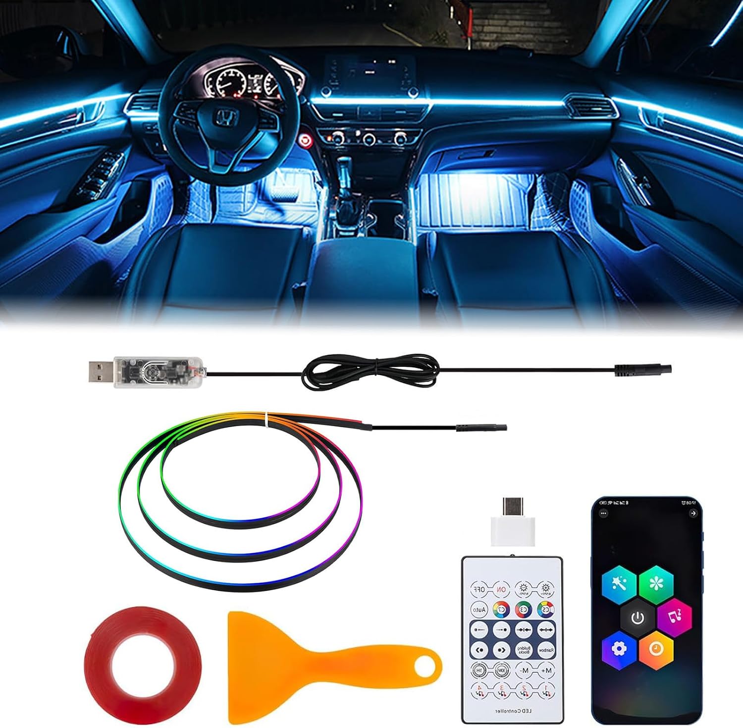 Acrylic Car LED Interior Lights, 110cm 146 LEDs RGB Ambient Lighting ...