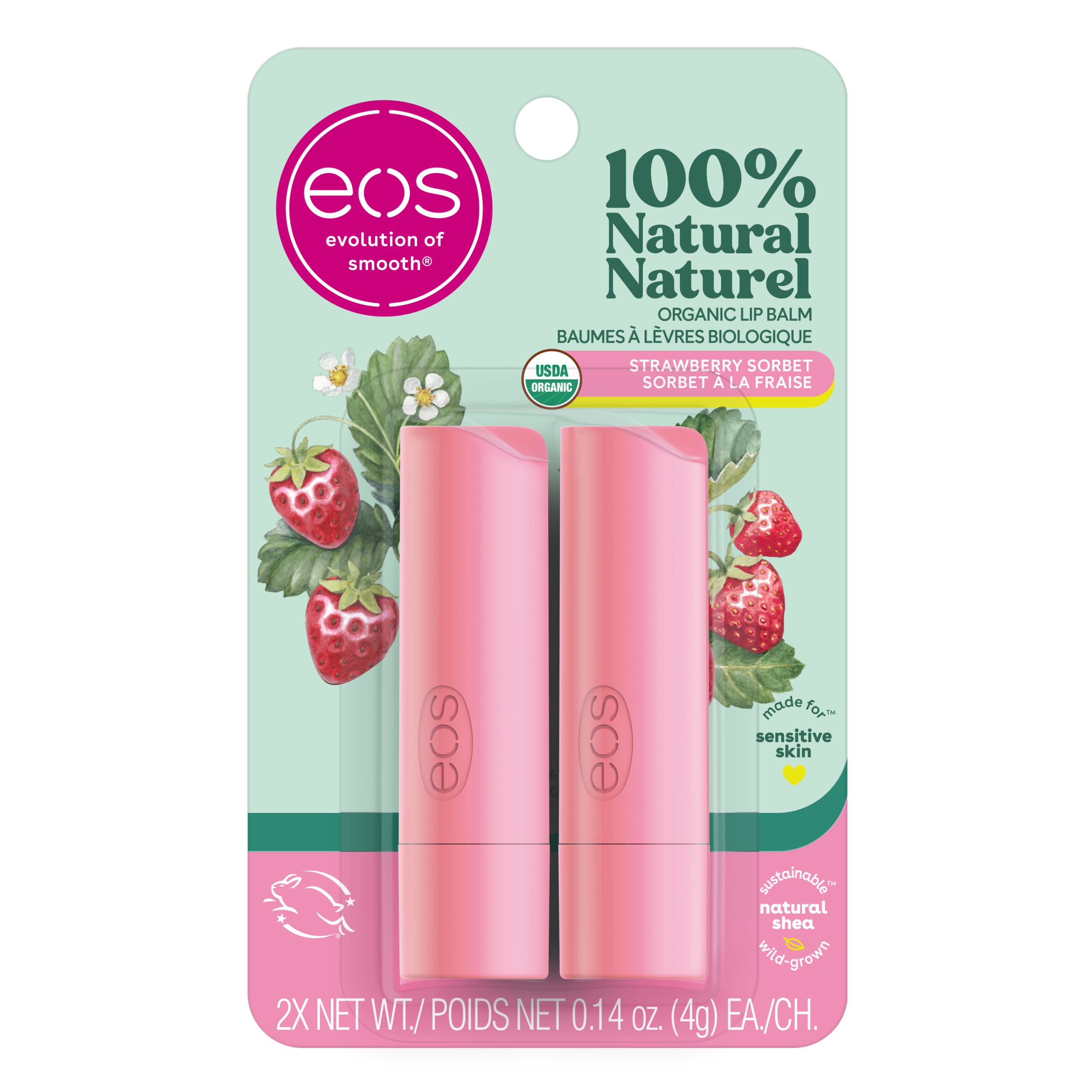 eos 100% Natural & Organic Lip Balm Stick, Strawberry Sorbet, All-Day ...