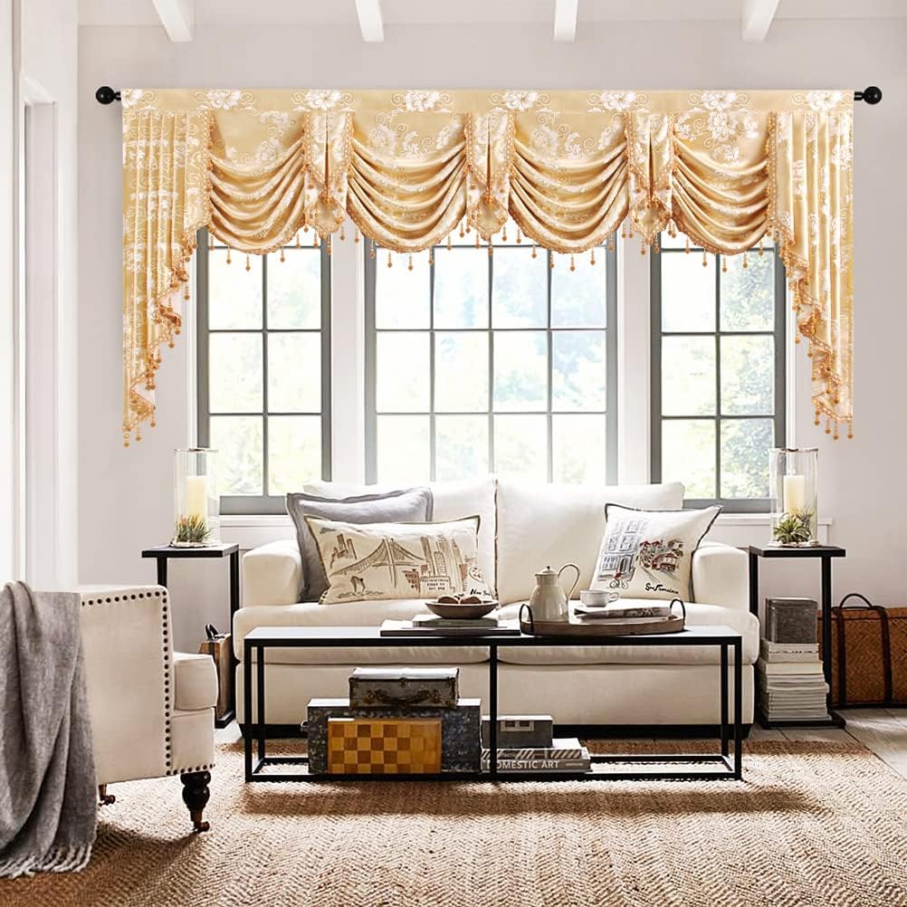 Amazon.com: ELKCA Golden Jacquard Swag Waterfall Valance for Living ...