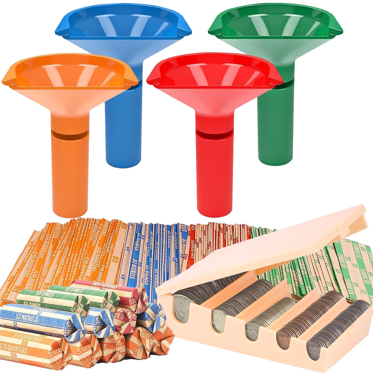 Snapklik.com : Coin Counters Tray & 4 Color-Coded Coin Sorters Tubes ...