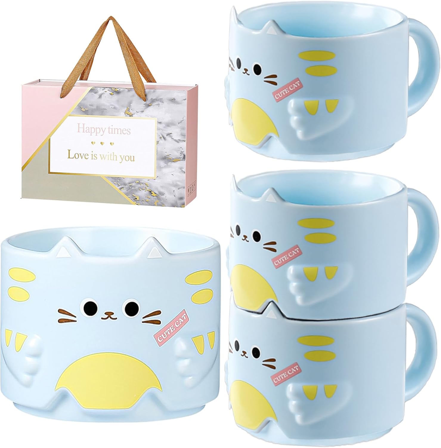 Amazon.com: Jifoow Cute Cat Mugs Set of 4 Stackable Ceramic 10oz Light ...