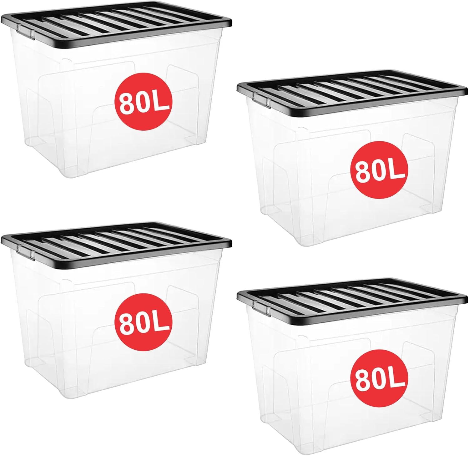 RelianceUK 4 X 80L Large Plastic Storage Box with Black Lid - Strong ...