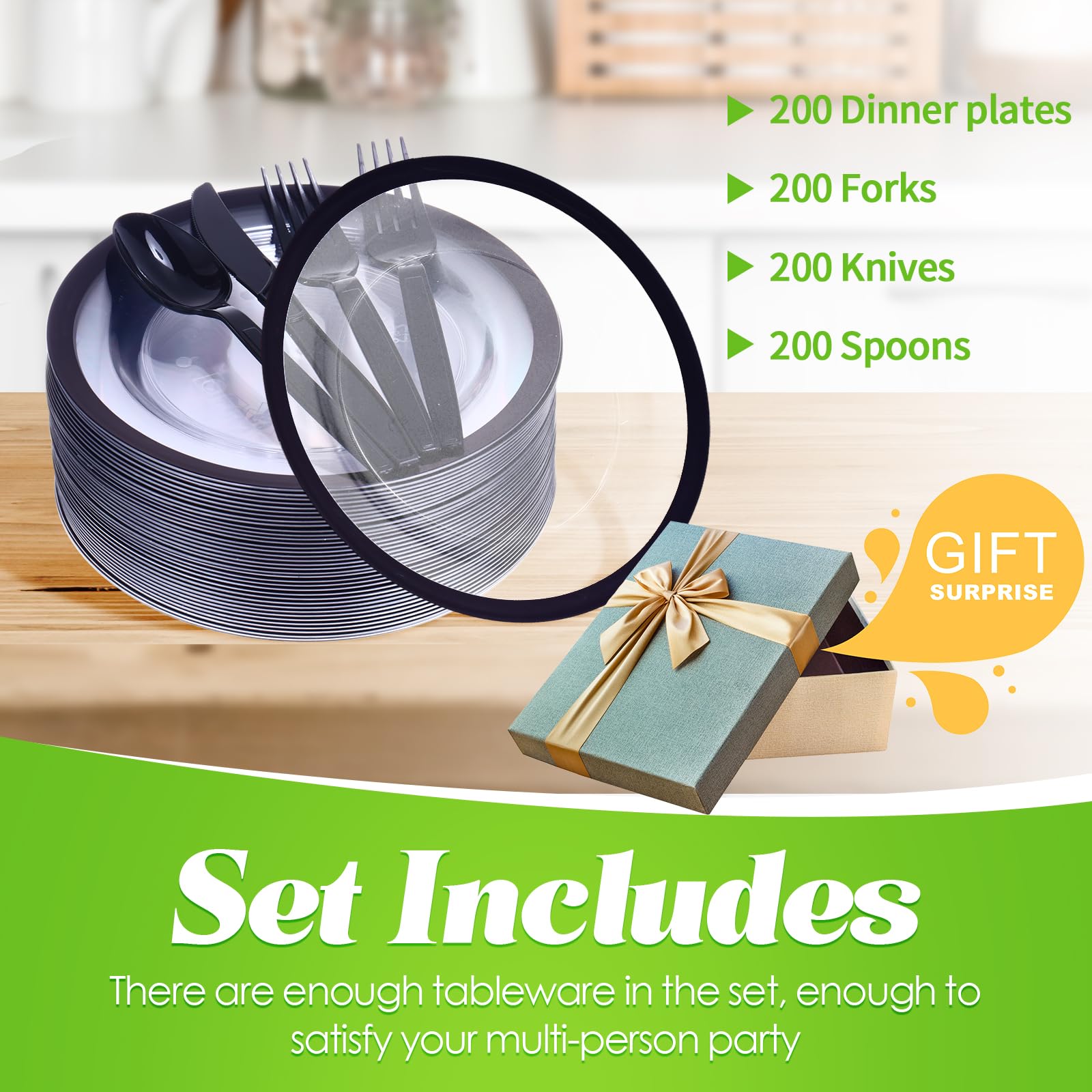 Yaomiao 800Pcs Disposable Dinnerware Set Black Clear Plastic Plates for ...