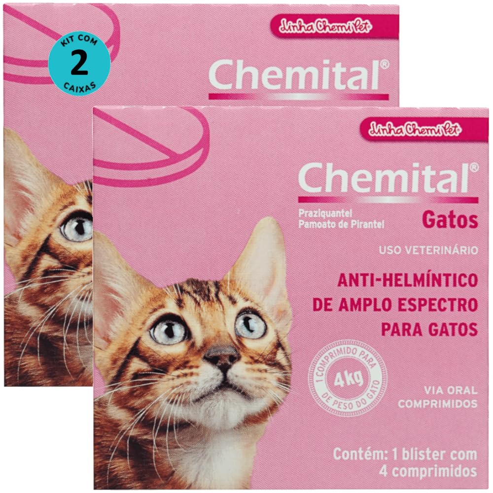 Chemital Com 4 Comprimidos Chemitec Vermífugo Para Gatos Kit Com 2 Cx ...